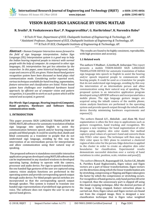 IRJET- Vision Based Sign Language by using Matlab | PDF
