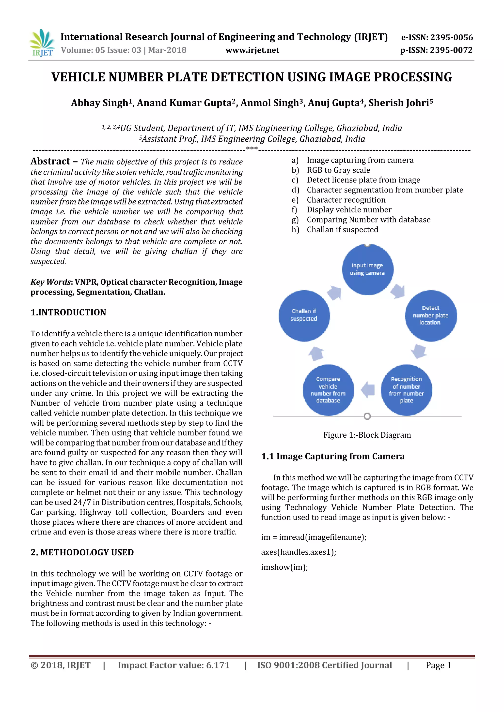 IRJET- Vehicle Number Plate Detection using Image Processing | PDF