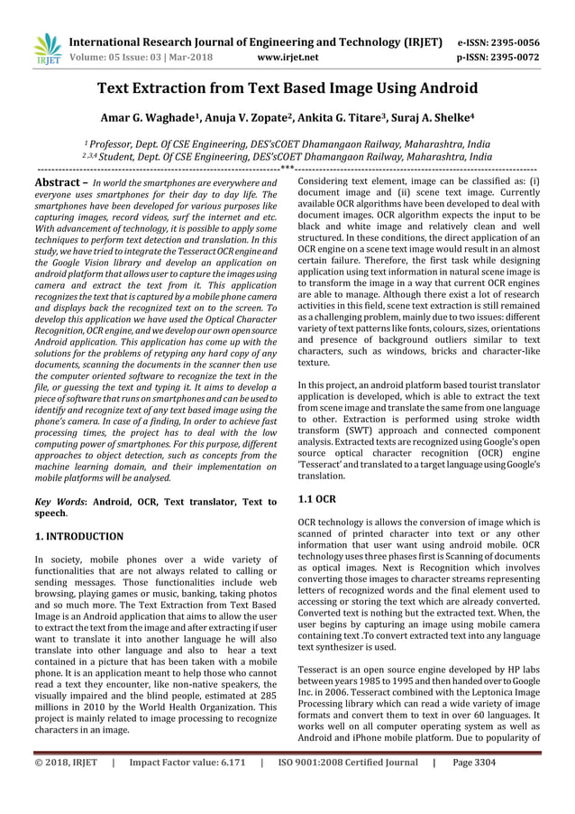 IRJET- Text Extraction from Text Based Image using Android | PDF
