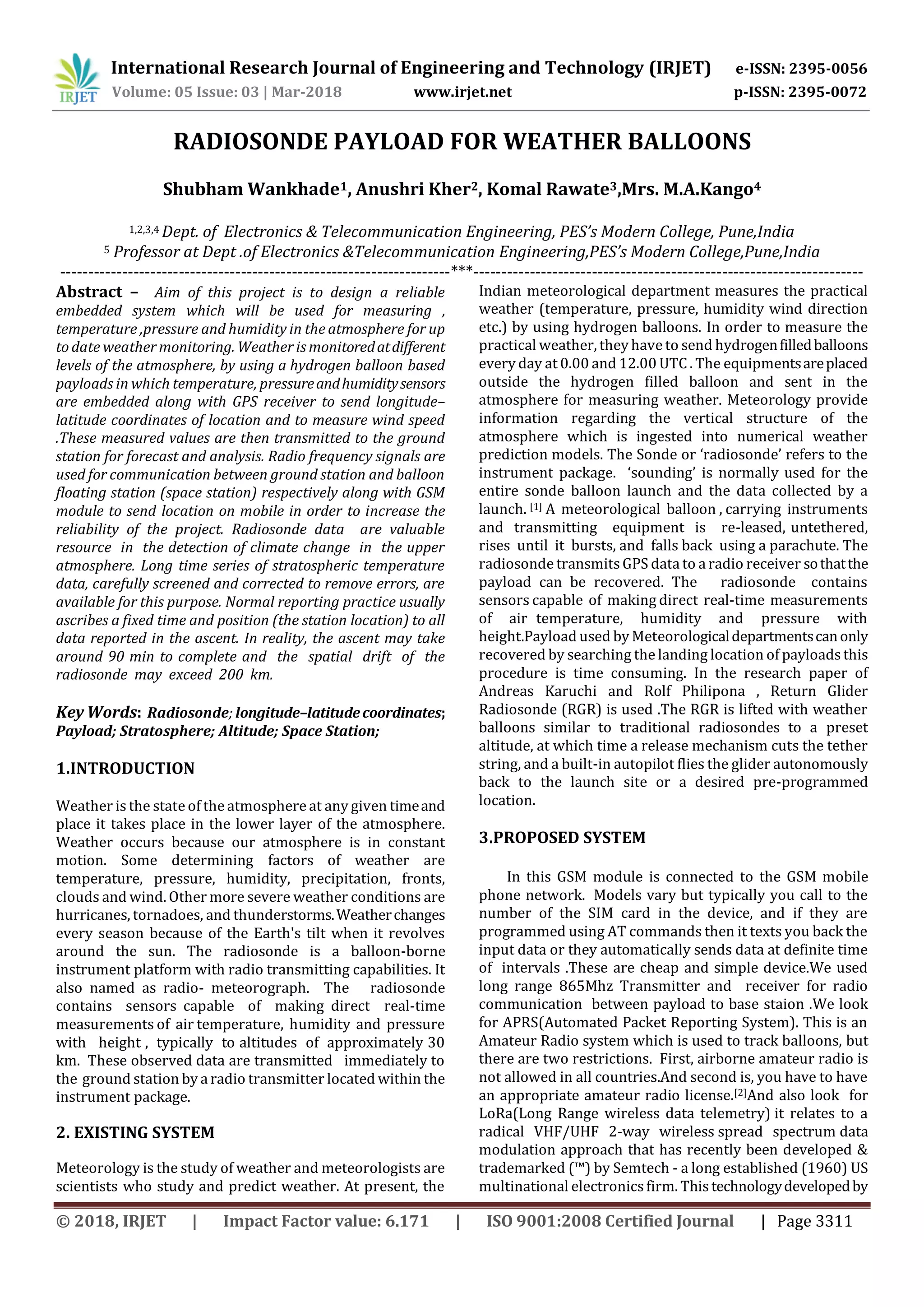 IRJET- Radiosonde Payload for Weather Balloons | PDF