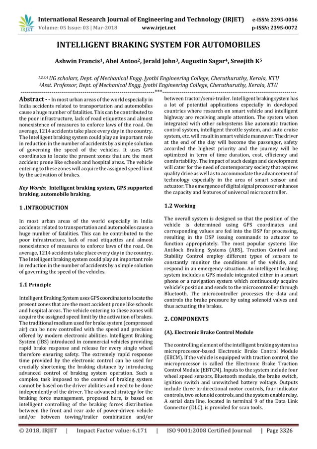 IRJET- Intelligent Braking System for Automobiles | PDF | Auto Navigation Systems | Auto Technology