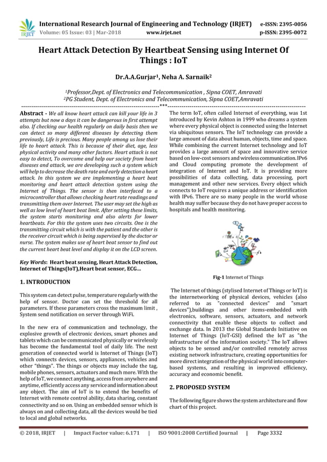 IRJET- Heart Attack Detection by Heartbeat Sensing using Internet of ...