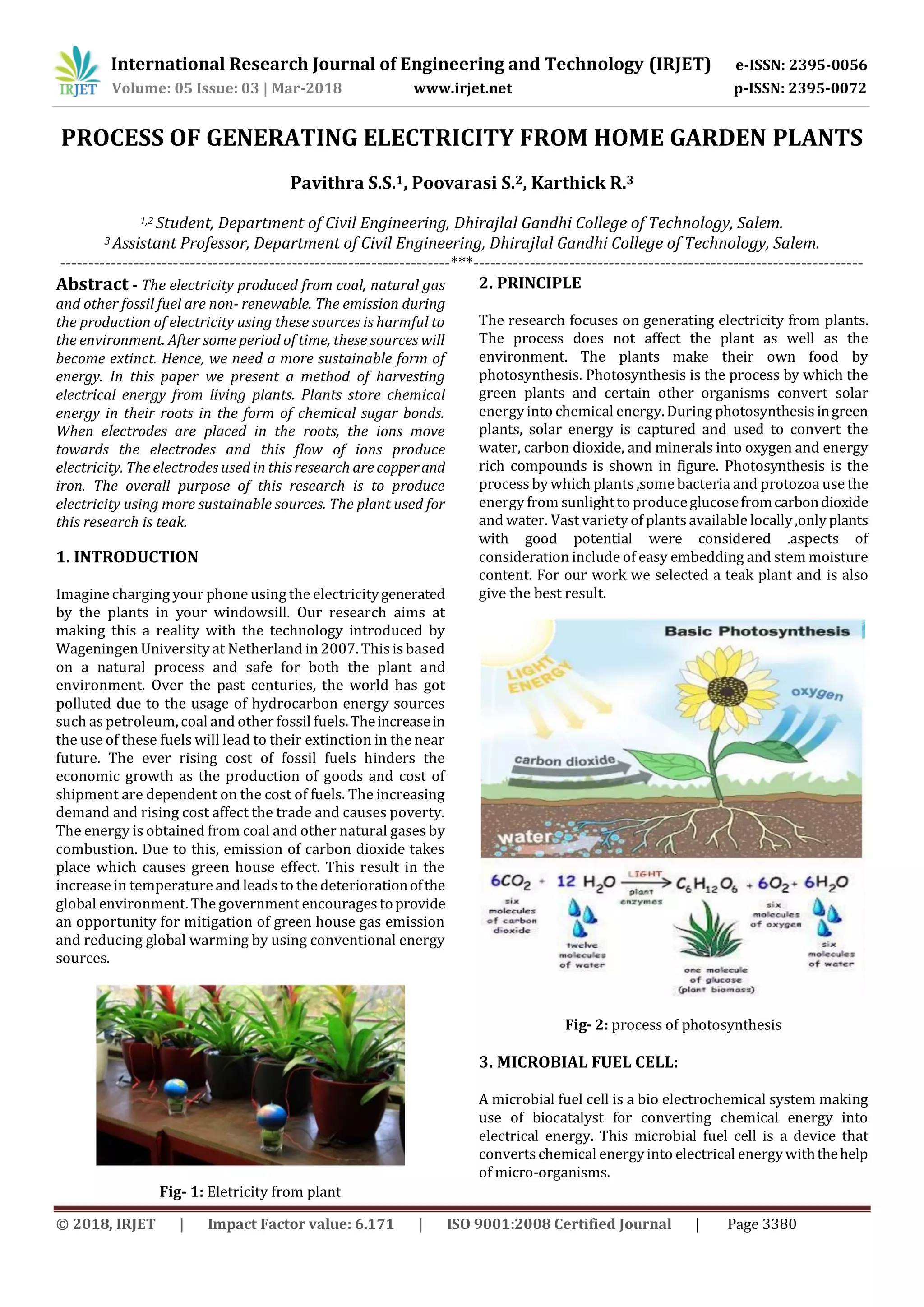 IRJET- Process of Generating Electricity from Home Garden Plants | PDF
