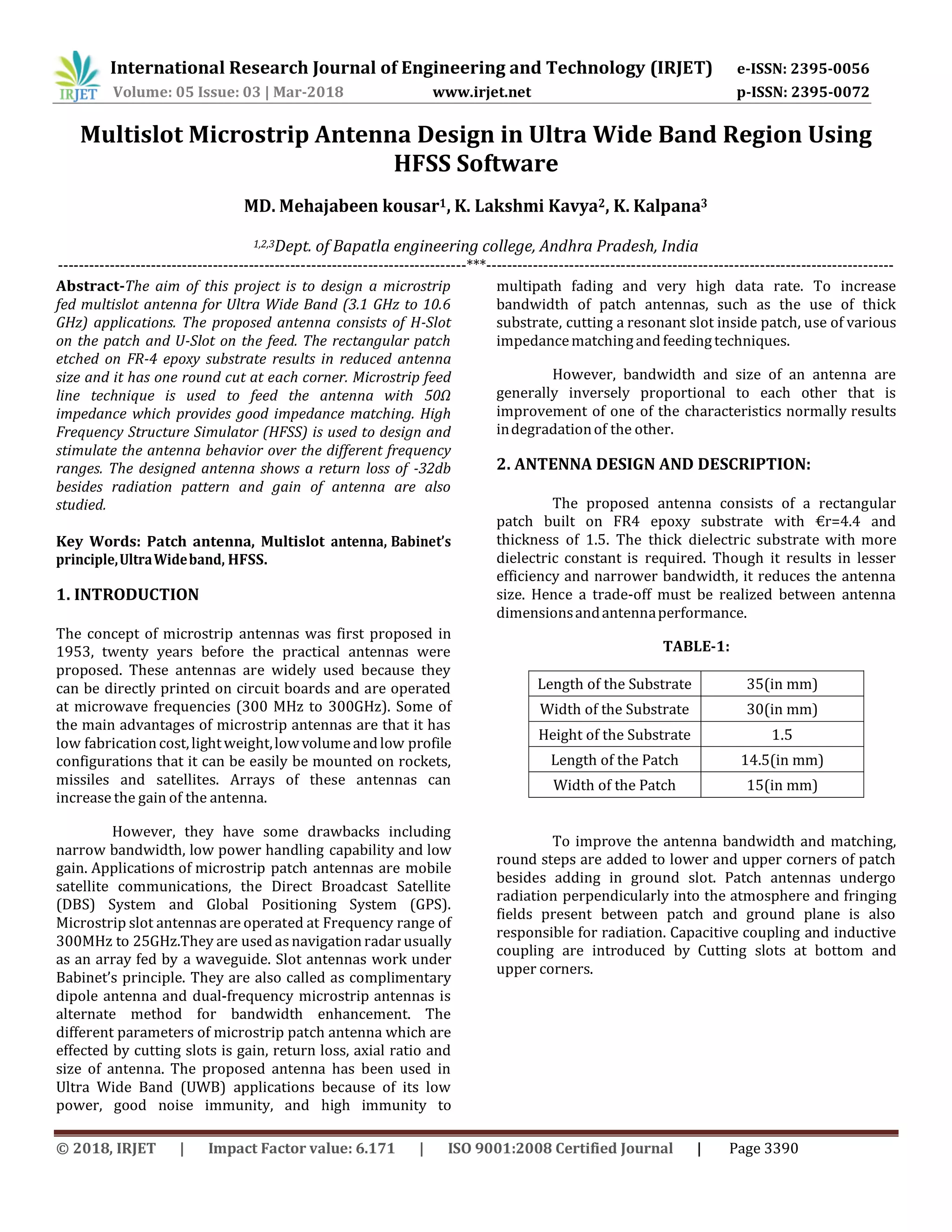 IRJET- Multislot Microstrip Antenna Design in Ultra Wide Band Region using HFSS Software | PDF ...