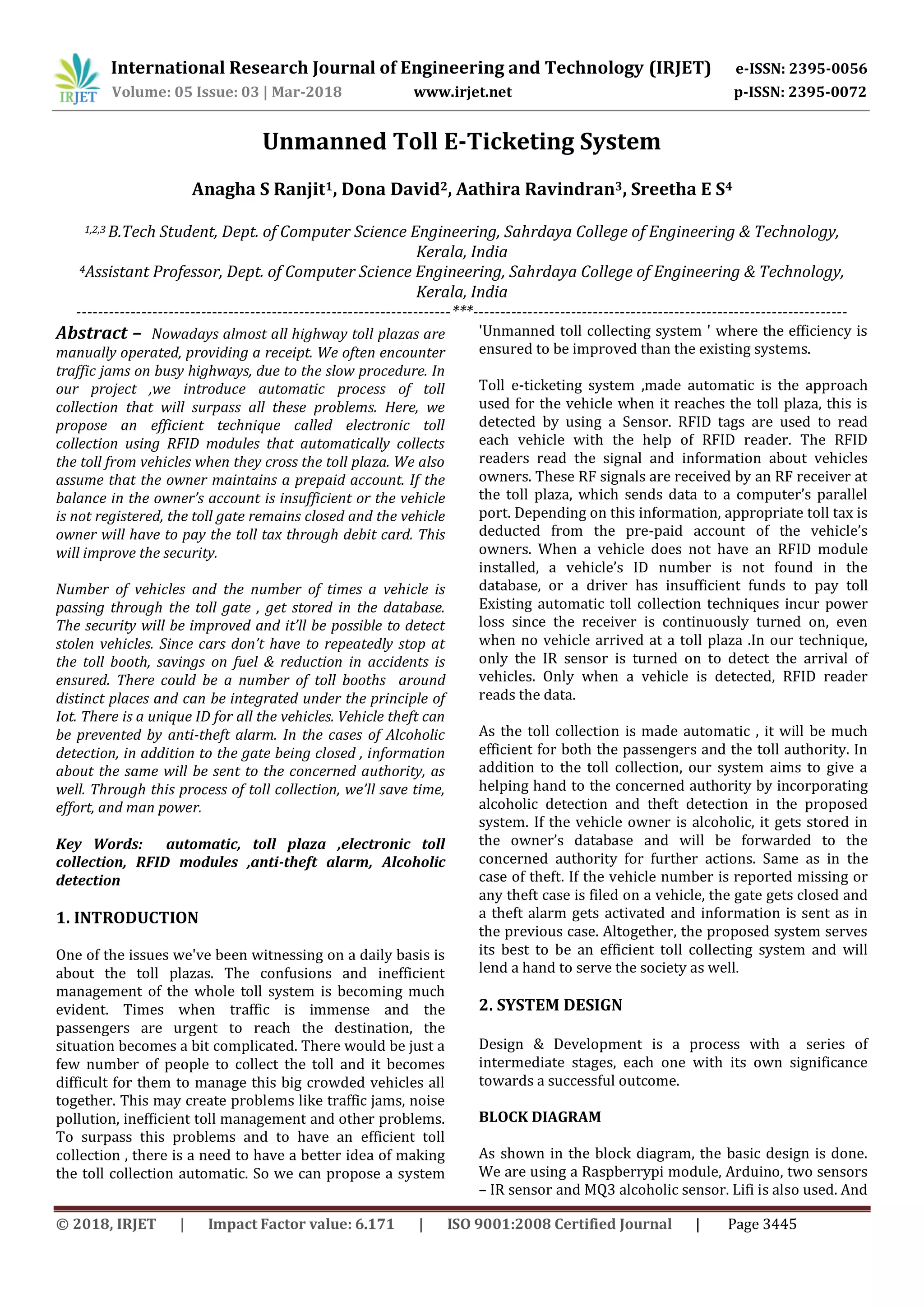 IRJET- Unmanned Toll E-Ticketing System | PDF