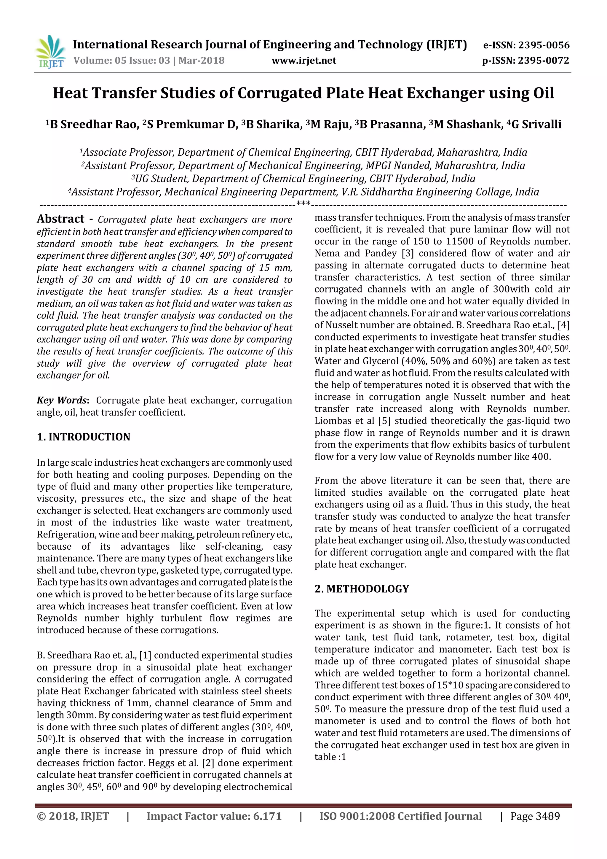 IRJET- Heat Transfer Studies of Corrugated Plate Heat Exchanger using ...