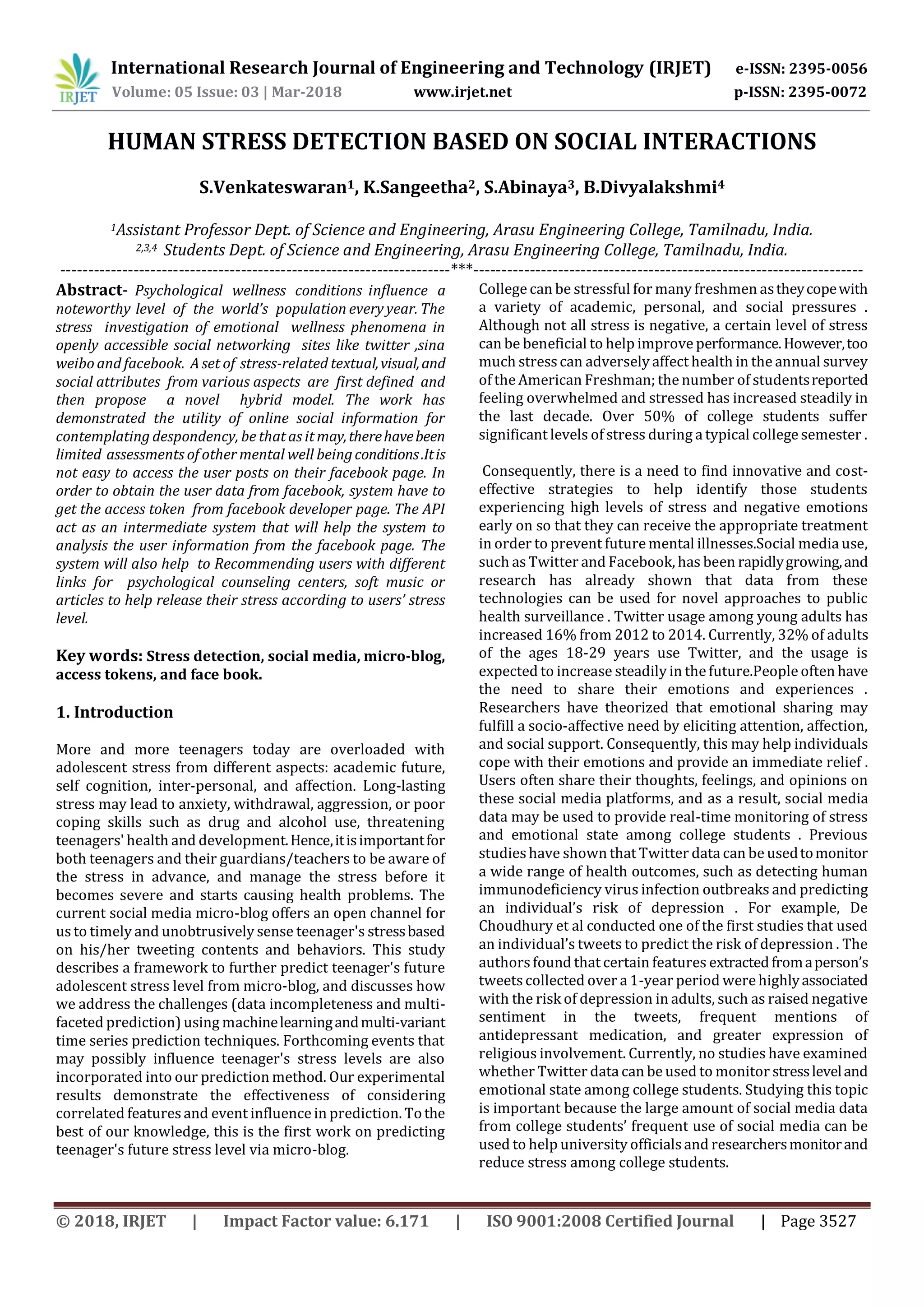 IRJET- Human Stress Detection Based on Social Interactions | PDF