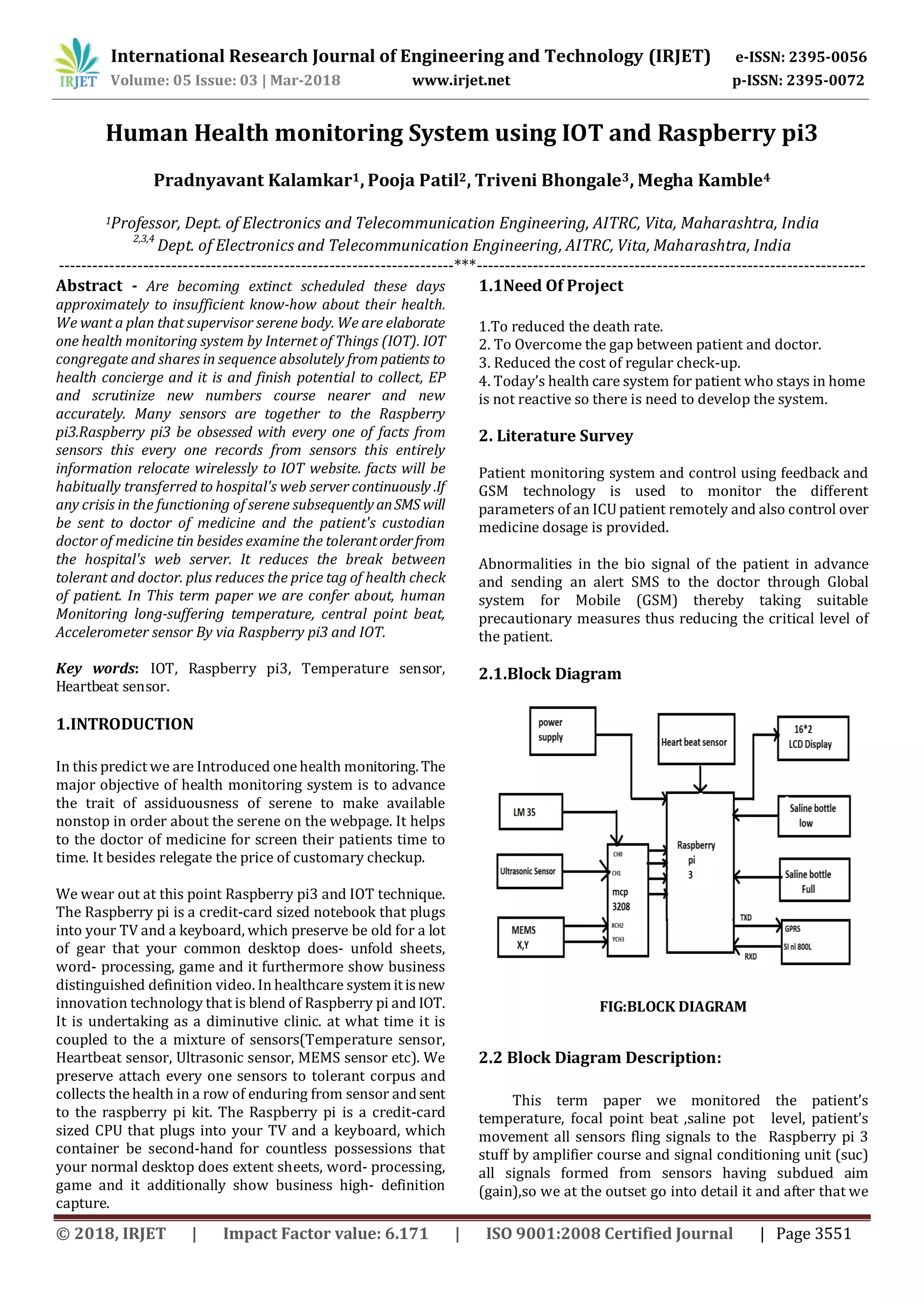 IRJET- Human Health monitoring System using IOT and Raspberry PI3 | PDF