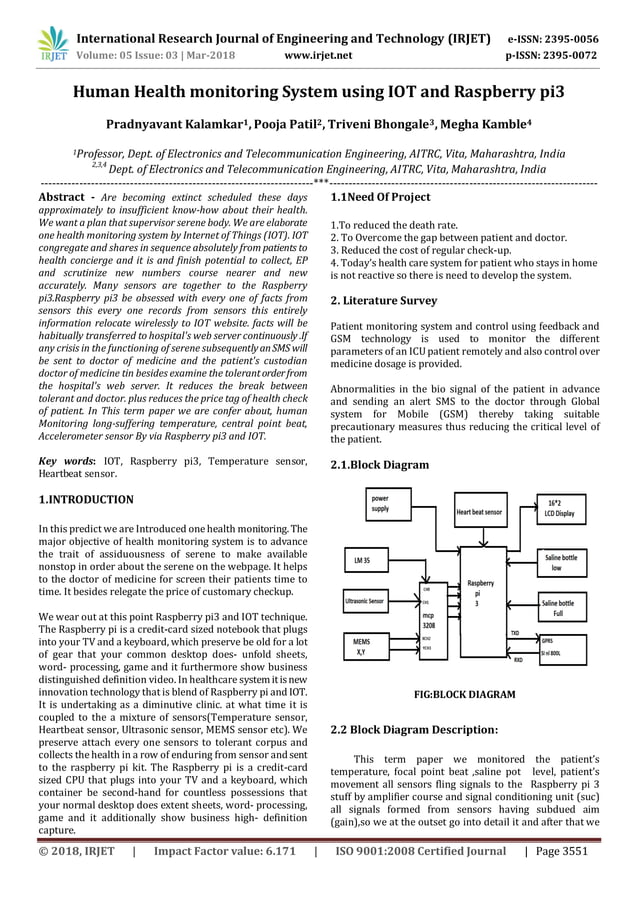 IRJET- Human Health monitoring System using IOT and Raspberry PI3 | PDF