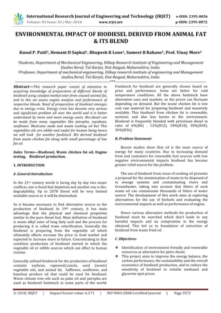 IRJET- Environmental Impact of Biodiesel Derived from Animal Fat & Its Blend | PDF