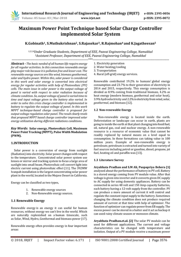 IRJET- Maximum Power Point Technique based Solar Charge Controller implemented Solar System | PDF