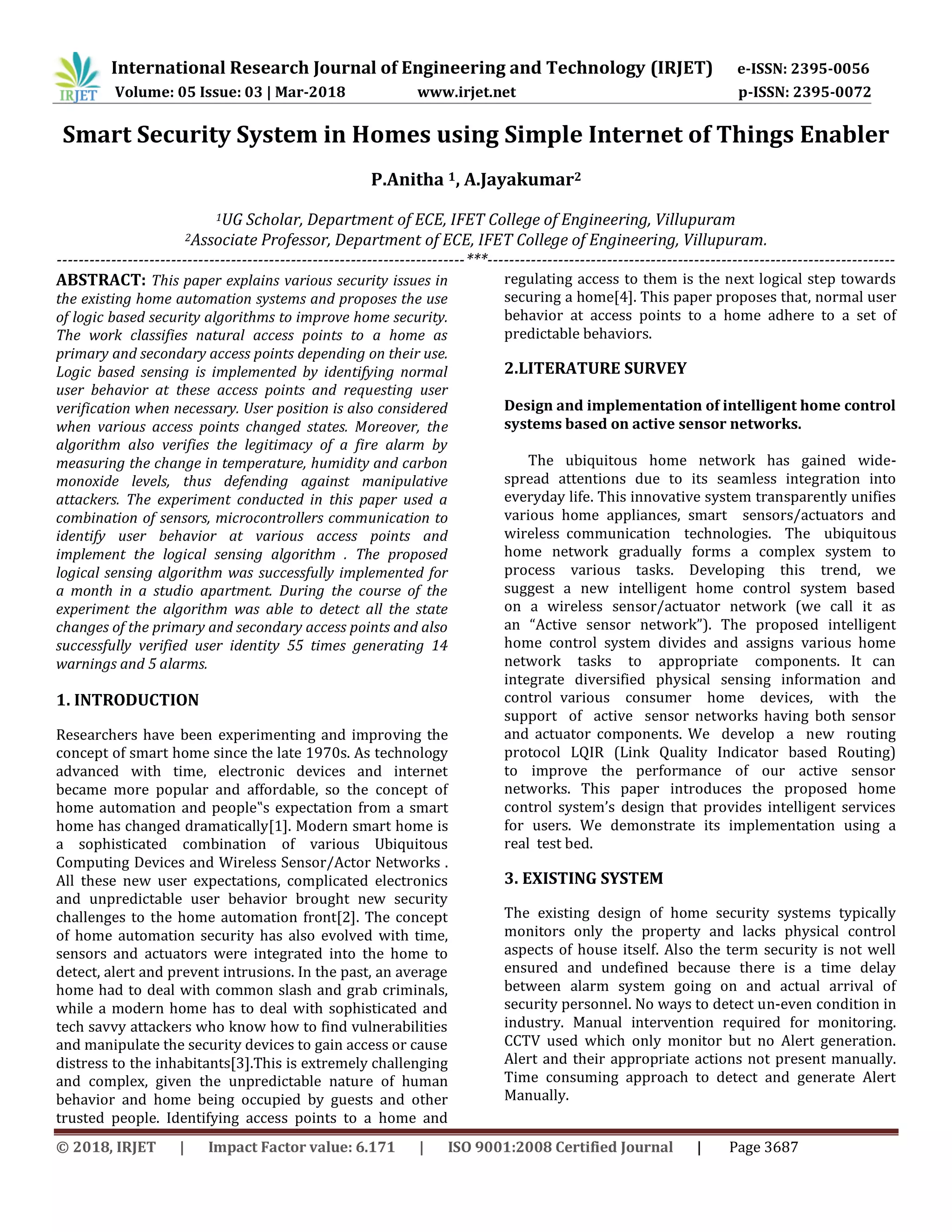 IRJET- Smart Security System in Homes using Simple Internet of Things Enabler | PDF