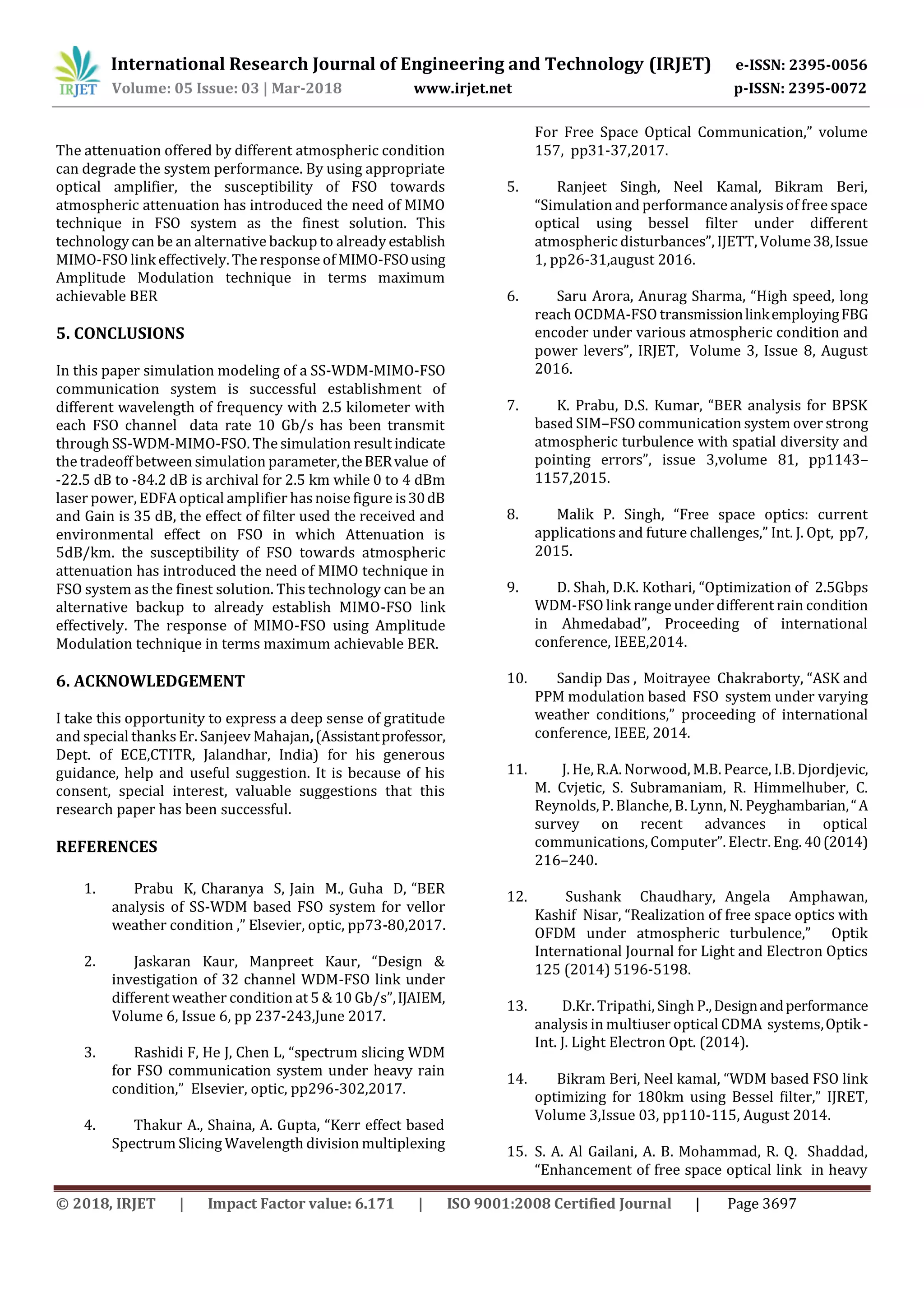 IRJET- Design & Performance Analysis of MIMO-FSO Communication System Based on Four channel ...