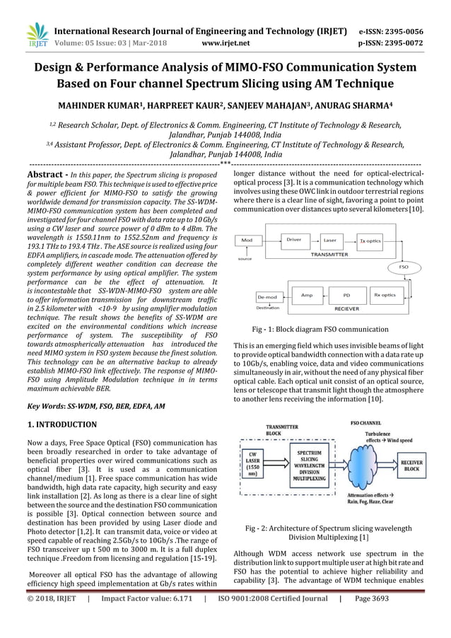 IRJET- Design & Performance Analysis of MIMO-FSO Communication System Based on Four channel ...