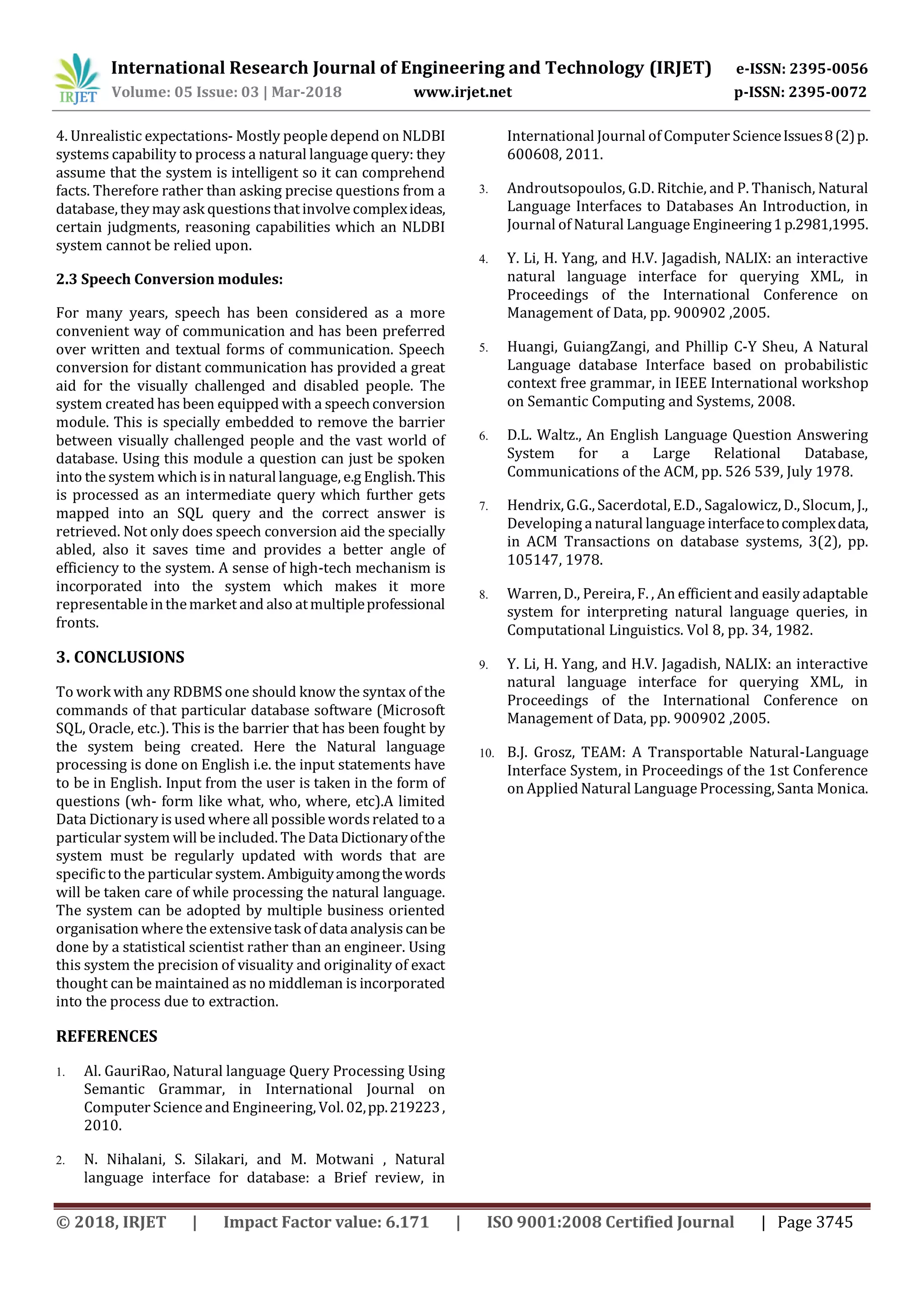 Irjet Querying Database Using Natural Language Interface Pdf