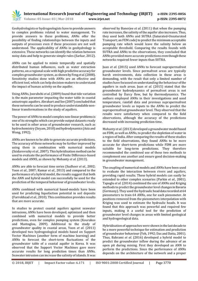 IRJET- Overview of Artificial Neural Networks Applications in Groundwater Studies | PDF