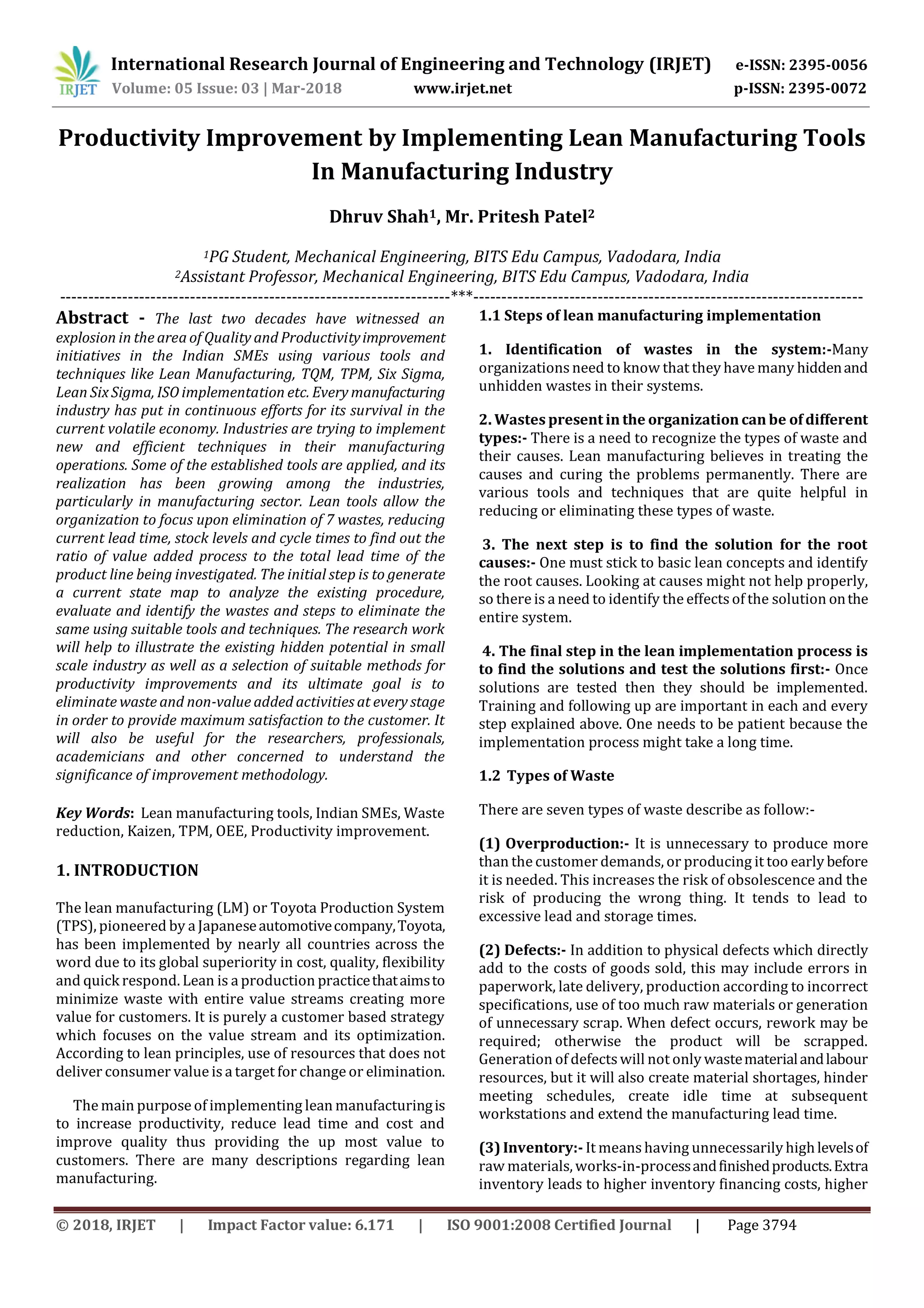 IRJET- Productivity Improvement by Implementing Lean Manufacturing Tools in Manufacturing ...