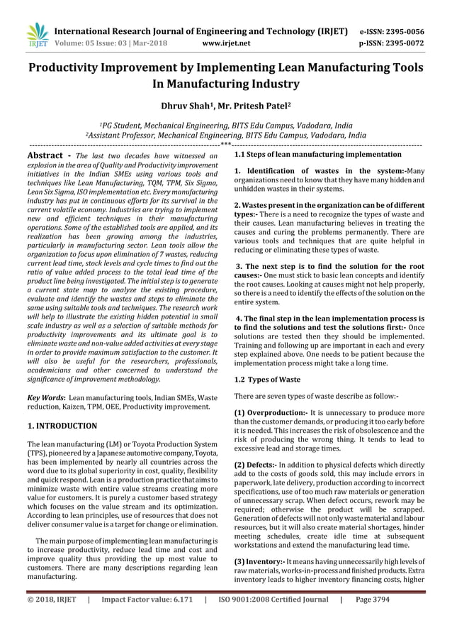 IRJET- Productivity Improvement by Implementing Lean Manufacturing Tools in Manufacturing ...