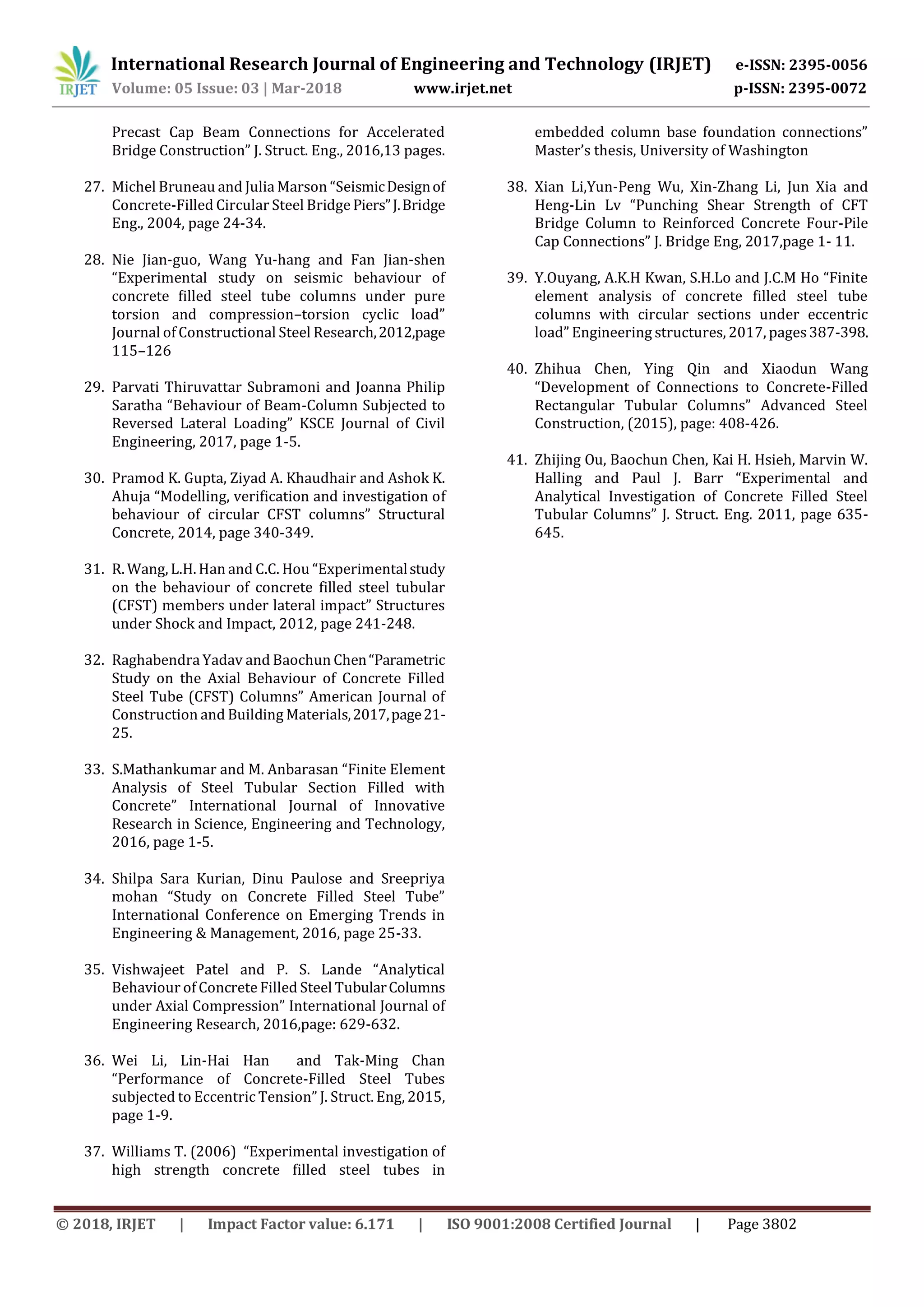IRJET- Analysis of CFST Column to Precast Cap Beam Connection for Bridge | PDF