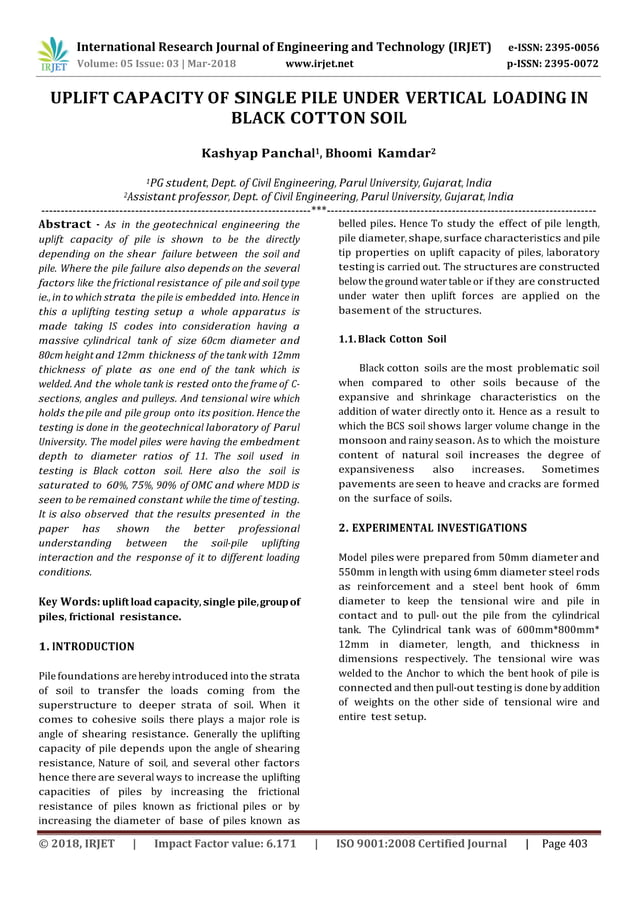 Uplift Capacity of Single Pile Under Vertical Loading in Black Cotton ...