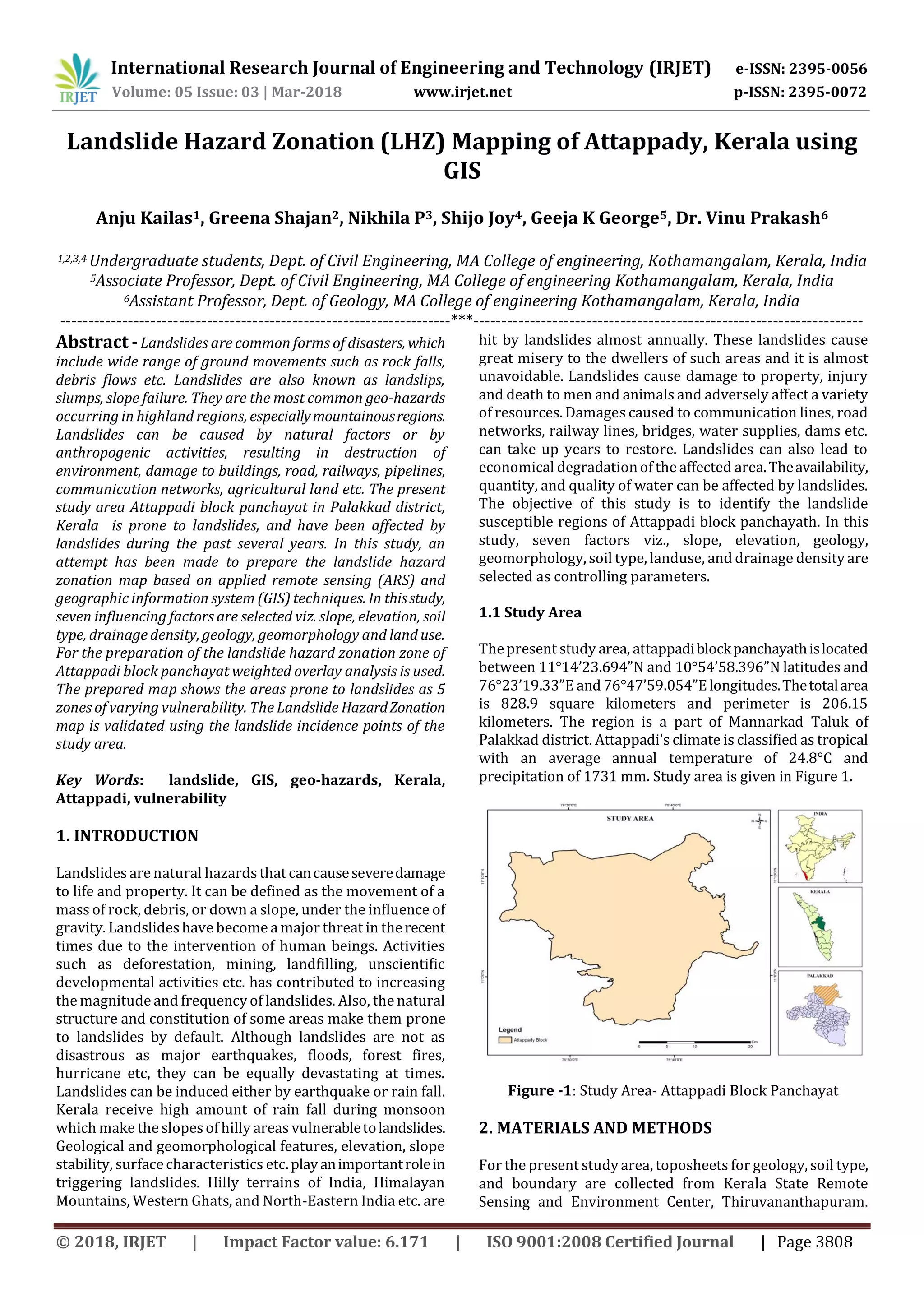 IRJET- Landslide Hazard Zonation (LHZ) Mapping of Attappady, Kerala using GIS | PDF