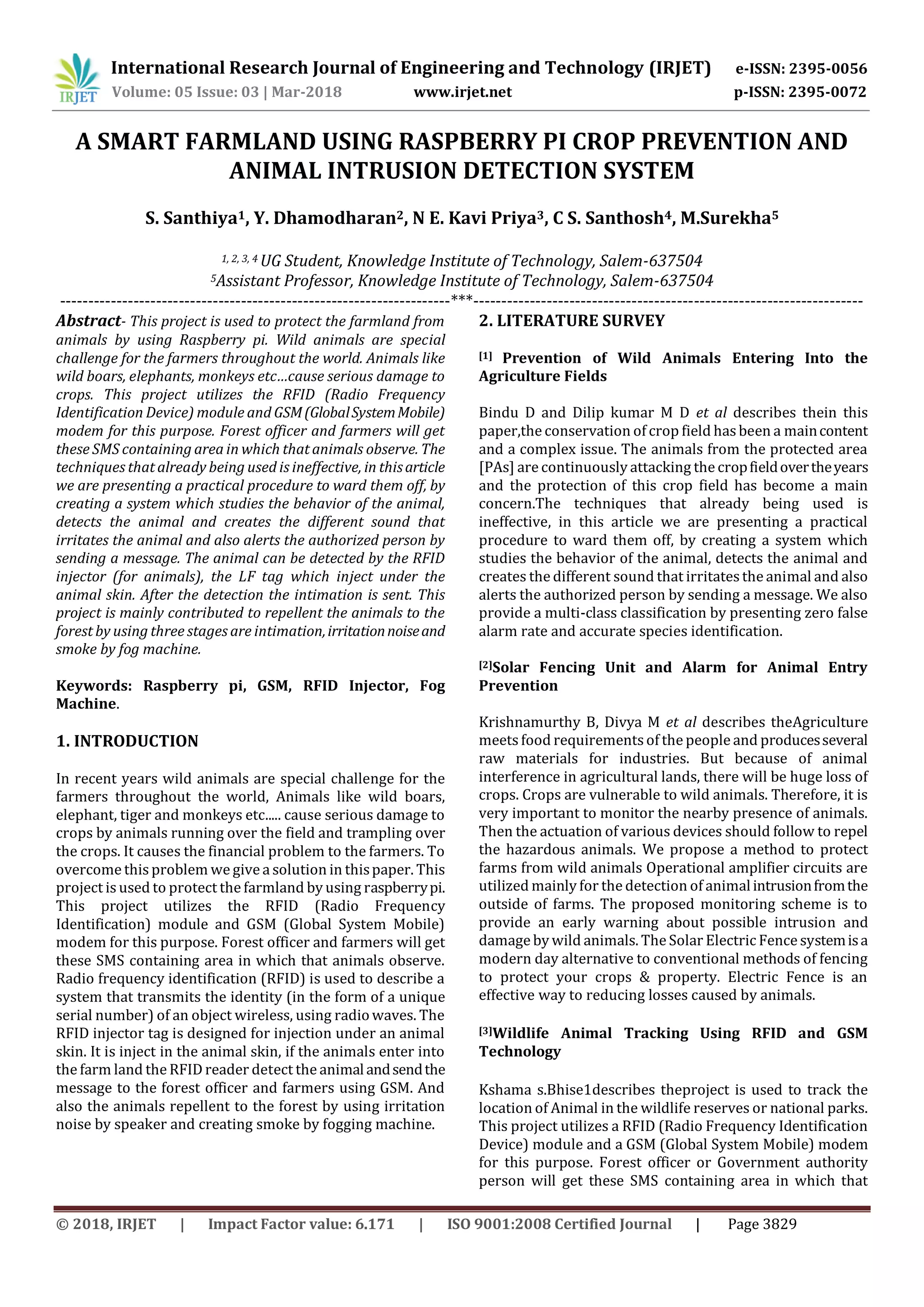 IRJET- A Smart Farmland using Raspberry Pi Crop Prevention and Animal ...