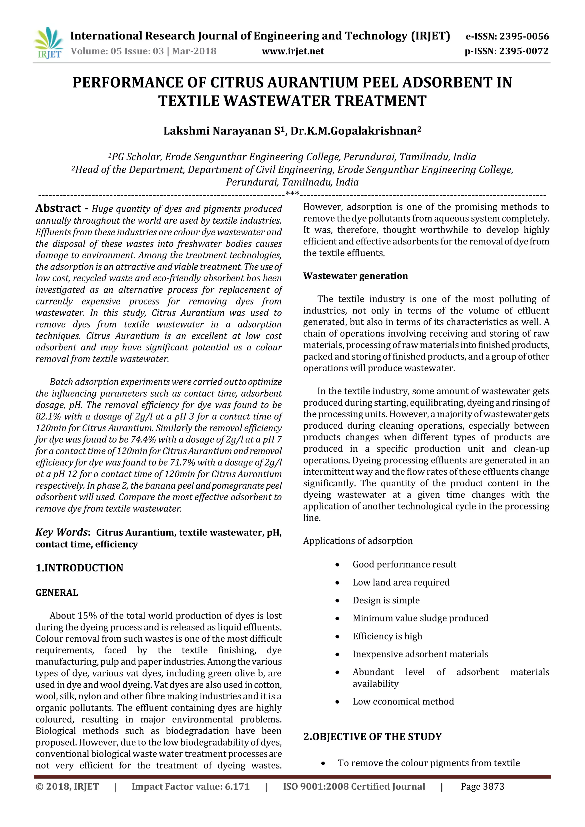 IRJET- Performance of Citrus Aurantium Peel Adsorbent in Textile Wastewater Treatment | PDF