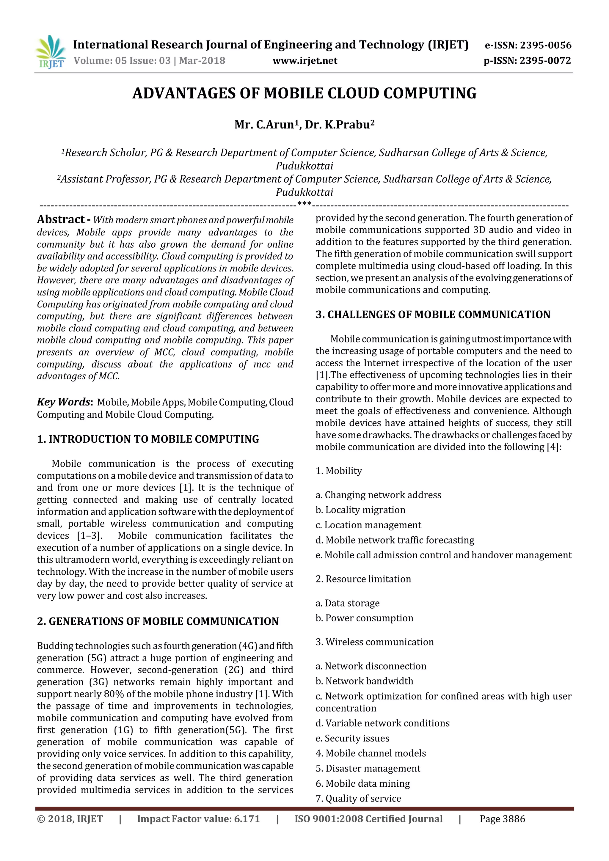 IRJET- Advantages of Mobile Cloud Computing | PDF