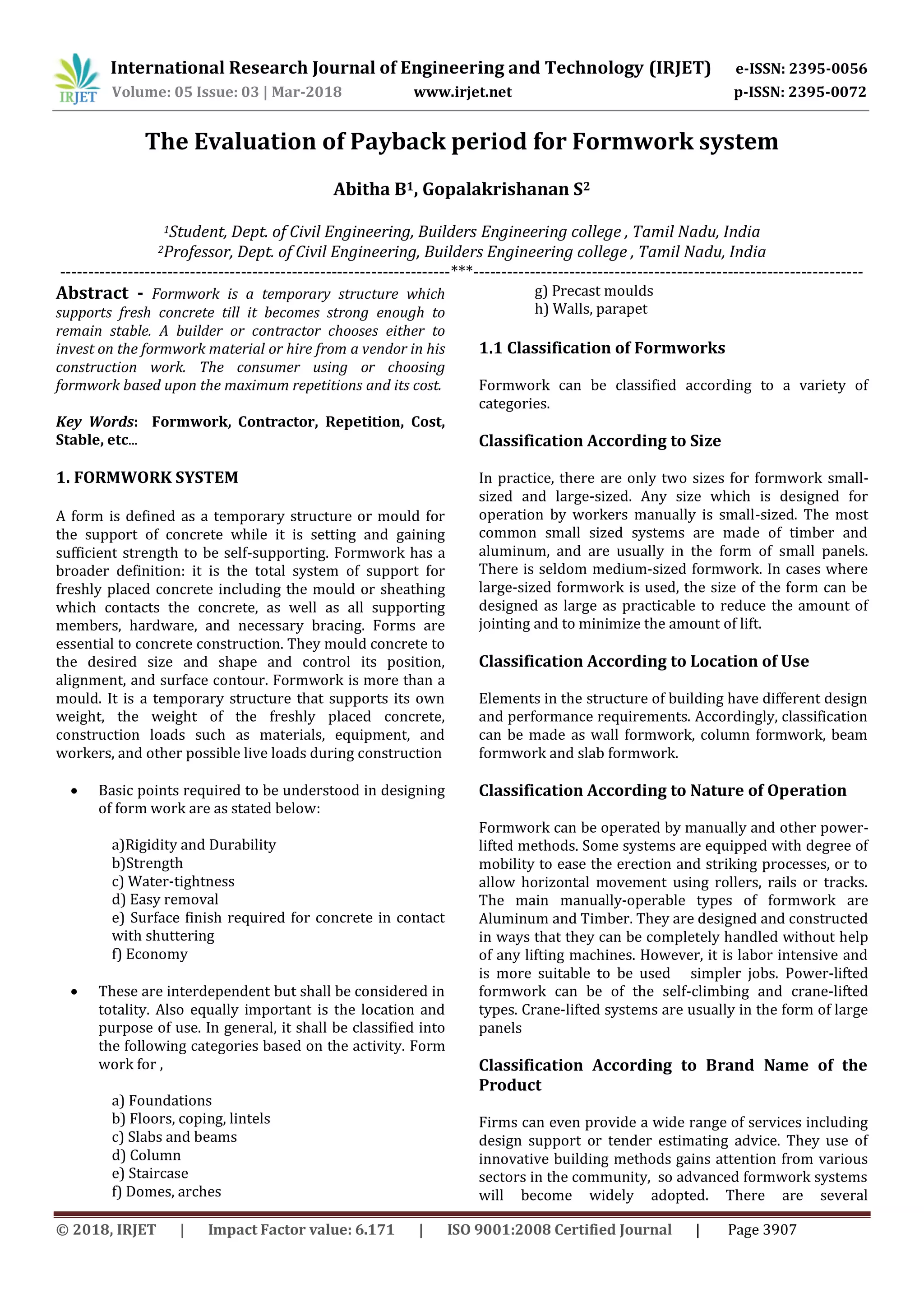 IRJET- The Evaluation of Payback period for Formwork system | PDF
