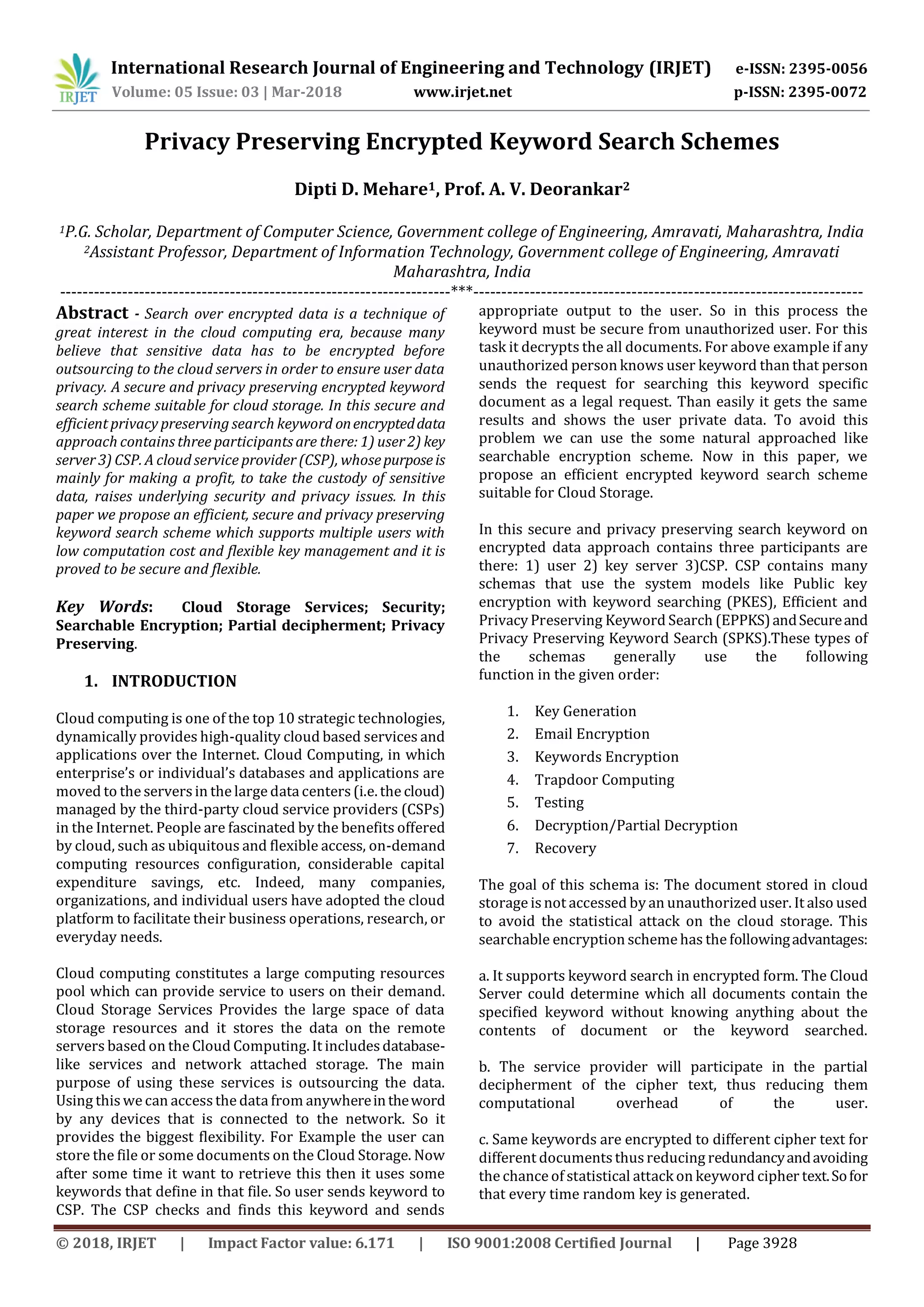 IRJET- Privacy Preserving Encrypted Keyword Search Schemes | PDF