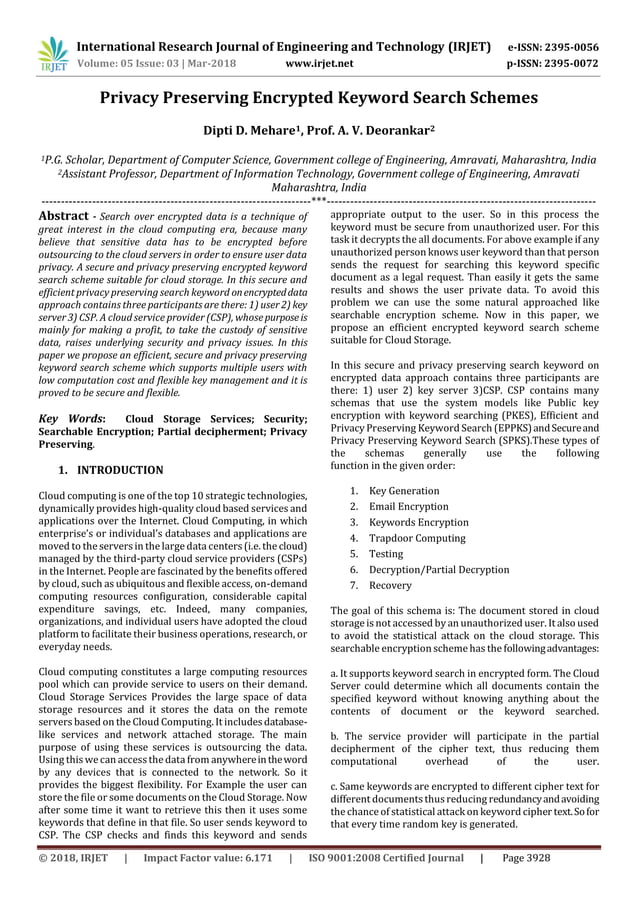 IRJET- Privacy Preserving Encrypted Keyword Search Schemes | PDF