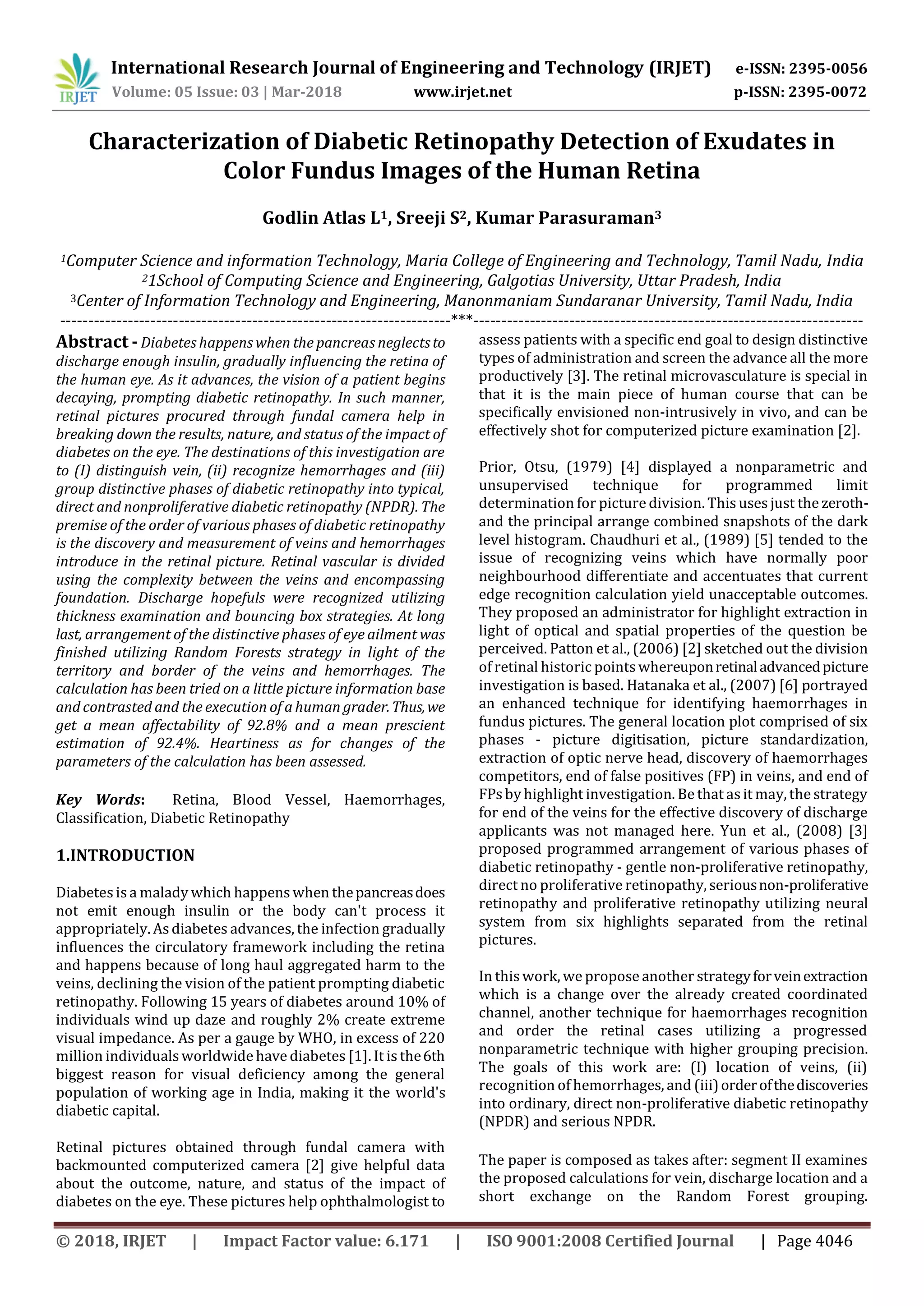 Irjet Characterization Of Diabetic Retinopathy Detection Of Exudates