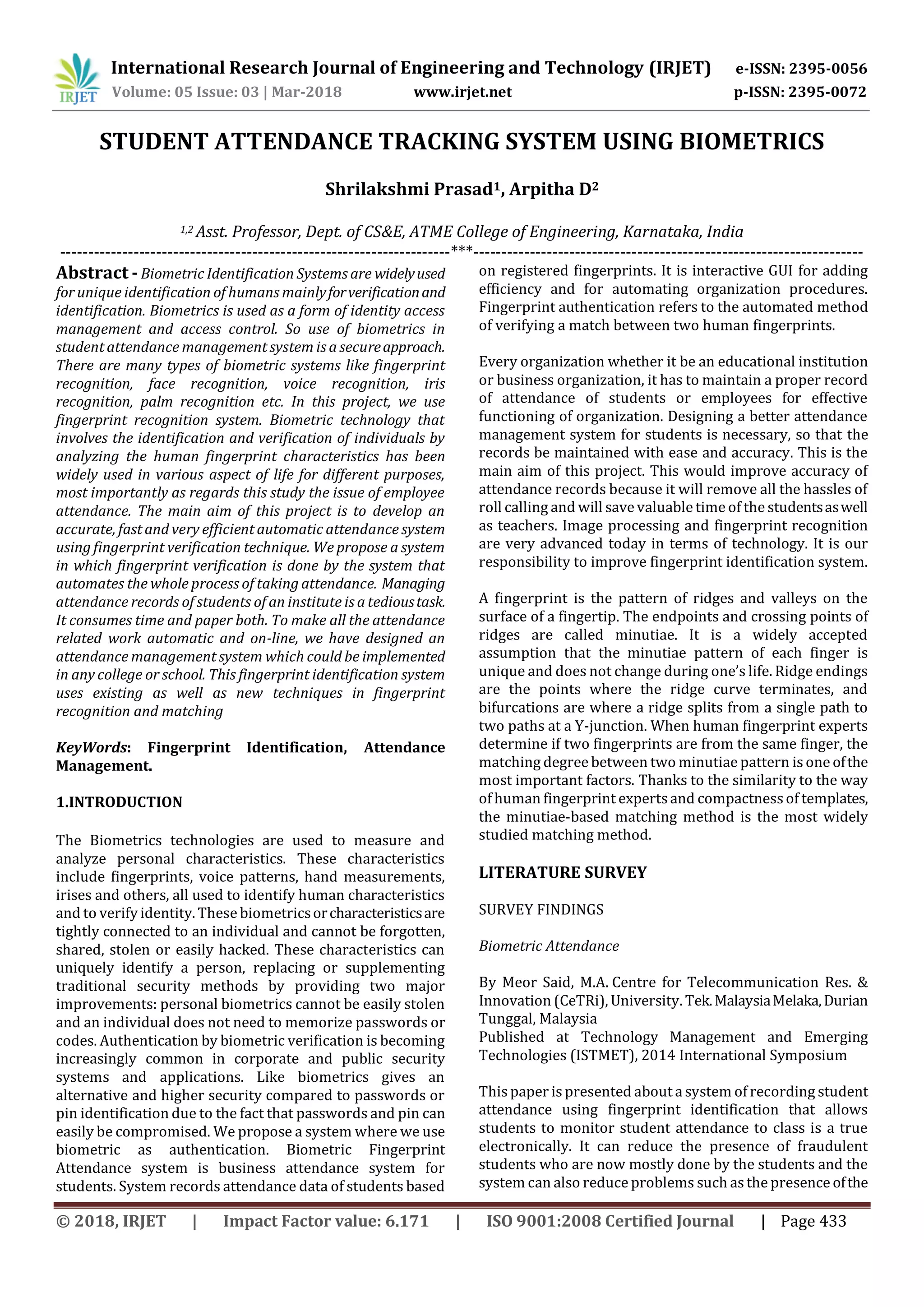 IRJET- Student Attendance Tracking System using Biometrics | PDF