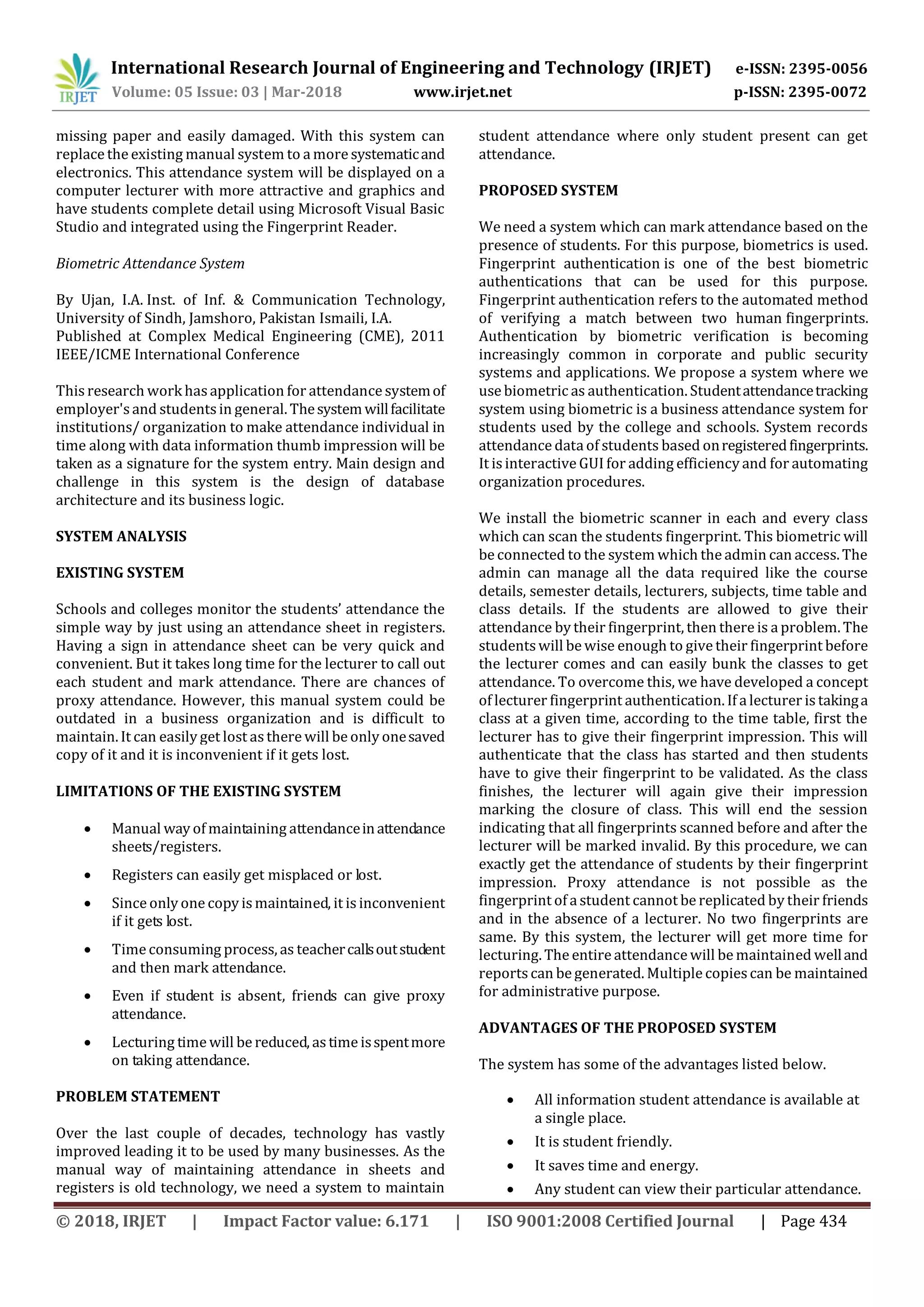 IRJET- Student Attendance Tracking System using Biometrics | PDF