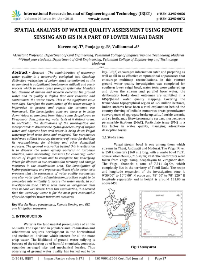 Irjet Spatial Analysis Of Water Quality Assessment Using Remote