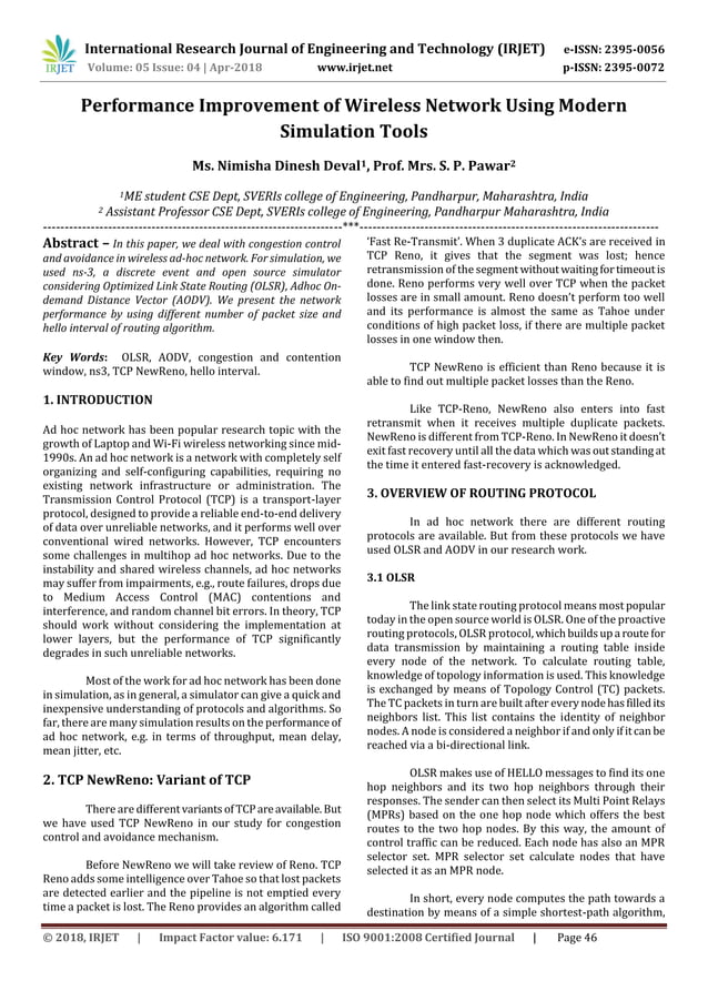 Irjet Performance Improvement Of Wireless Network Using Modern Simulation Tools Pdf