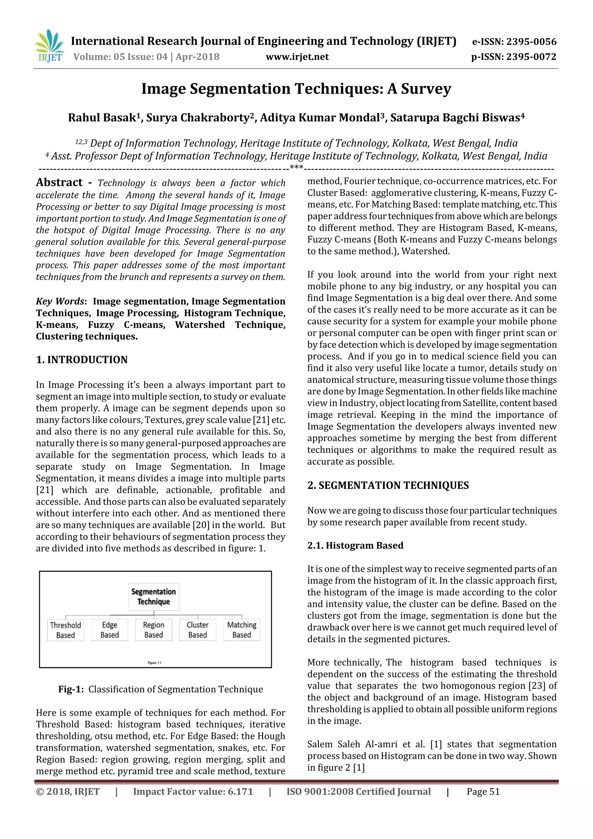 IRJET- Image Segmentation Techniques: A Survey | PDF