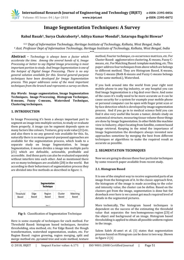 IRJET- Image Segmentation Techniques: A Survey | PDF