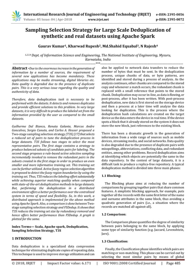 IRJET- Sampling Selection Strategy for Large Scale Deduplication of Synthetic and Real Datasets ...