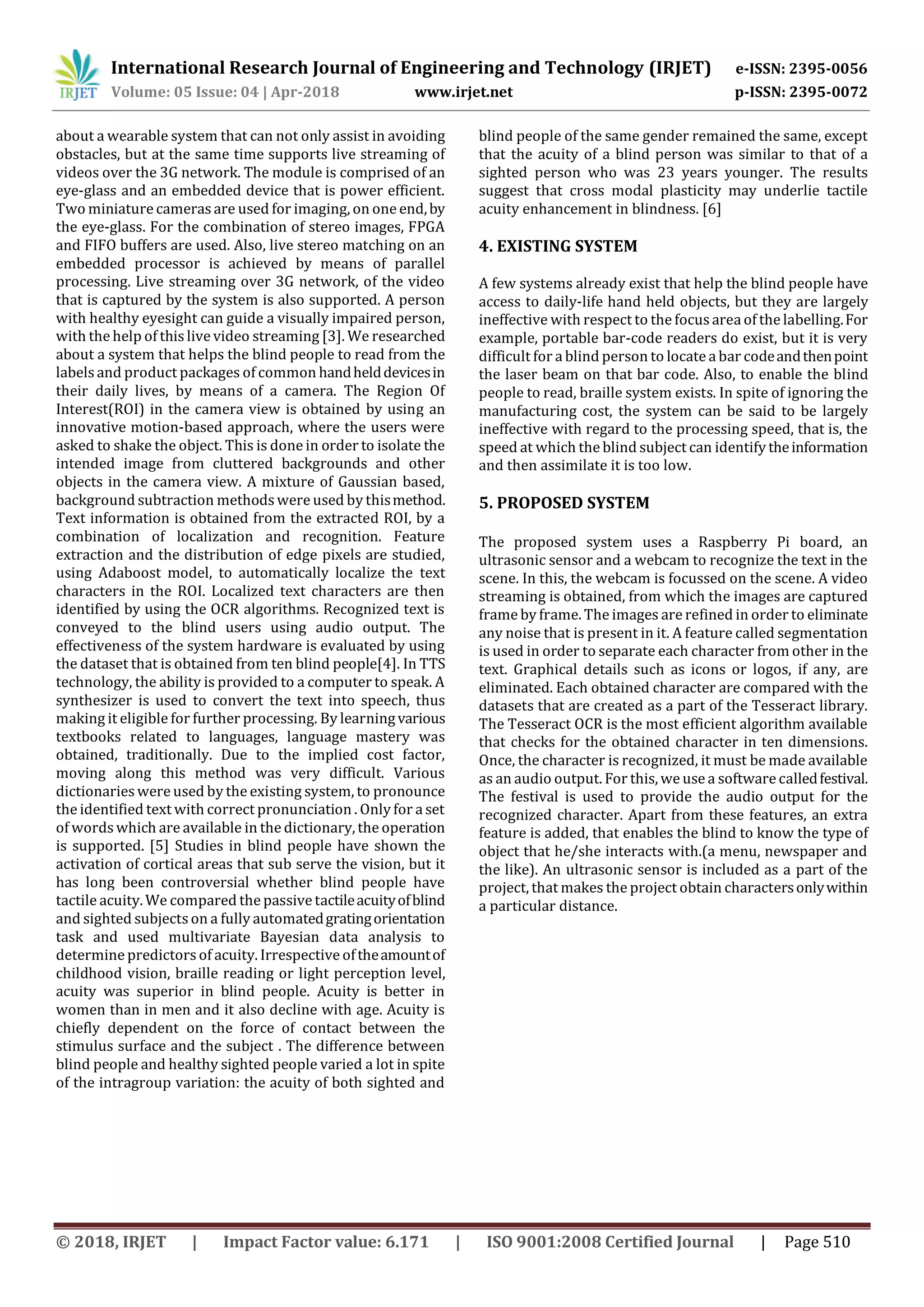 IRJET- Design and Development of Tesseract-OCR Based Assistive System ...