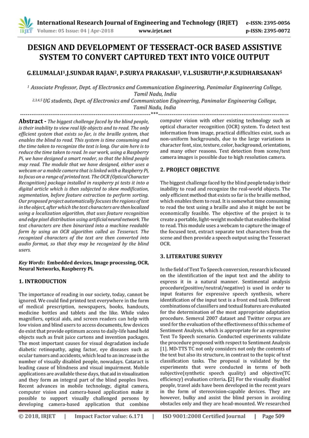 Irjet Design And Development Of Tesseract Ocr Based Assistive System To Convert Captured Text