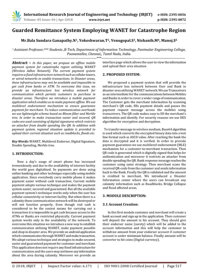 IRJET- Guarded Remittance System Employing WANET for Catastrophe Region ...