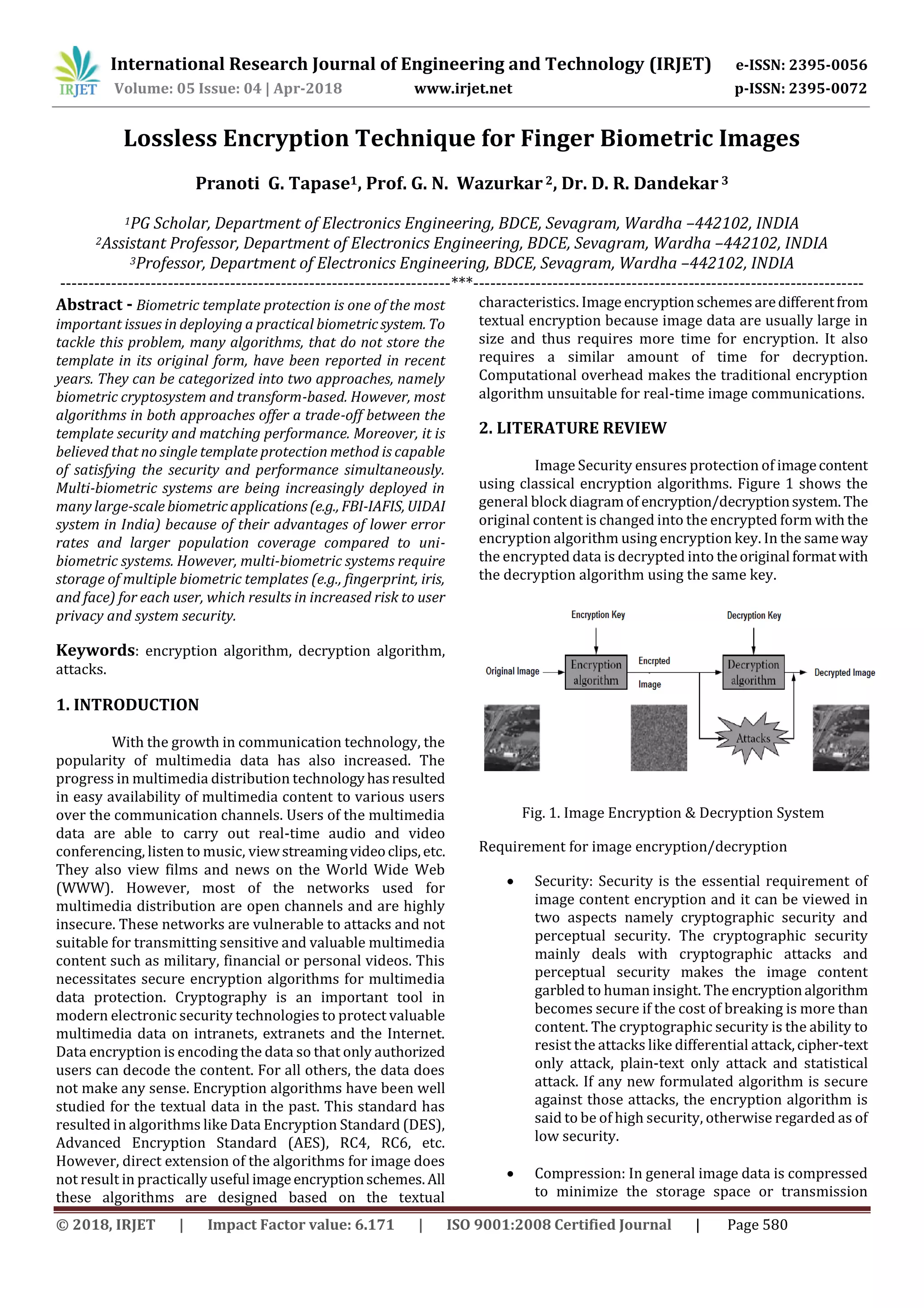 IRJET- Lossless Encryption Technique for Finger Biometric Images | PDF | Information and Network ...