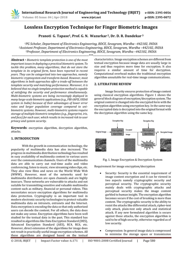 IRJET- Lossless Encryption Technique for Finger Biometric Images | PDF | Information and Network ...