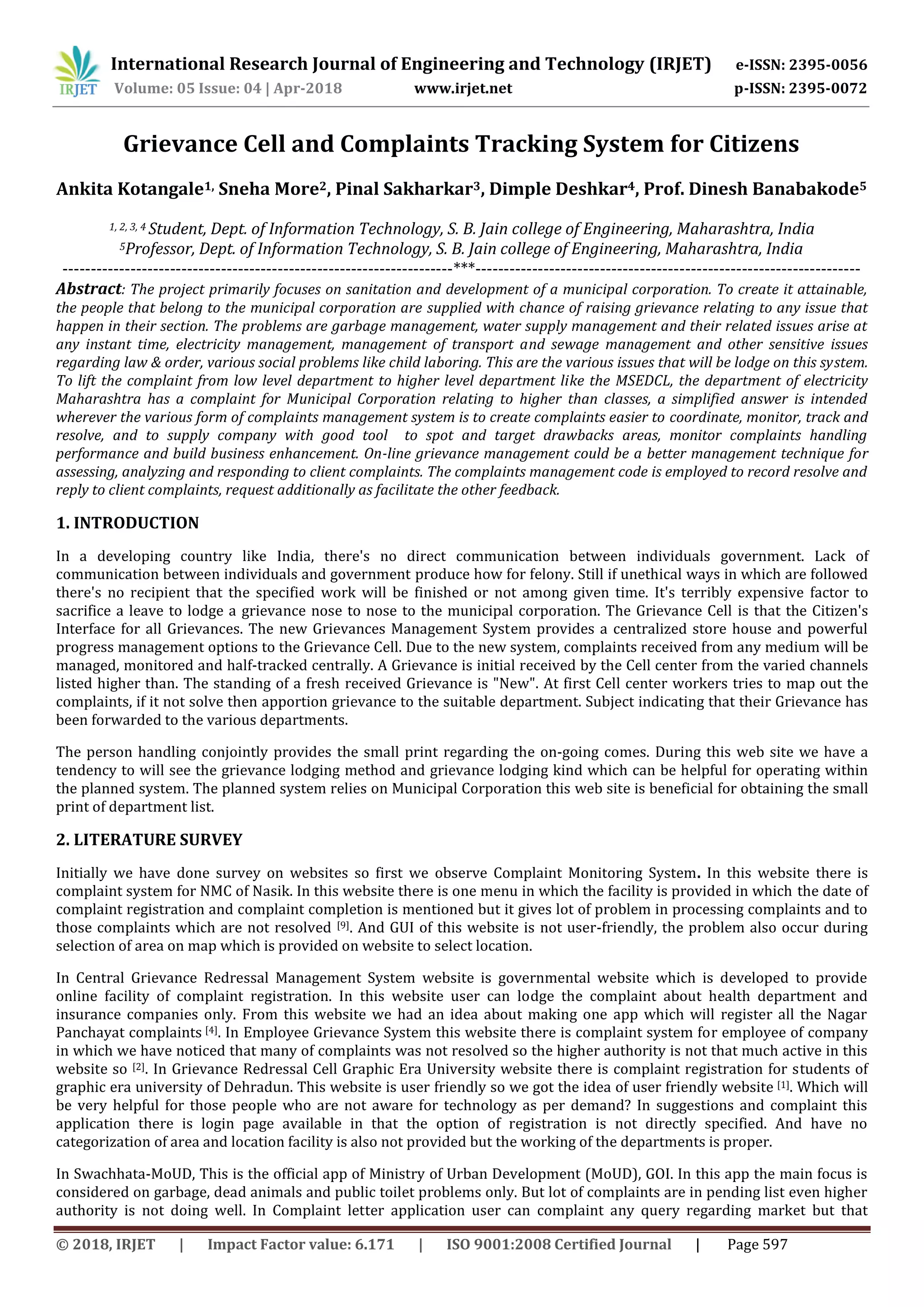 IRJET- Grievance Cell and Complaints Tracking System for Citizens | PDF