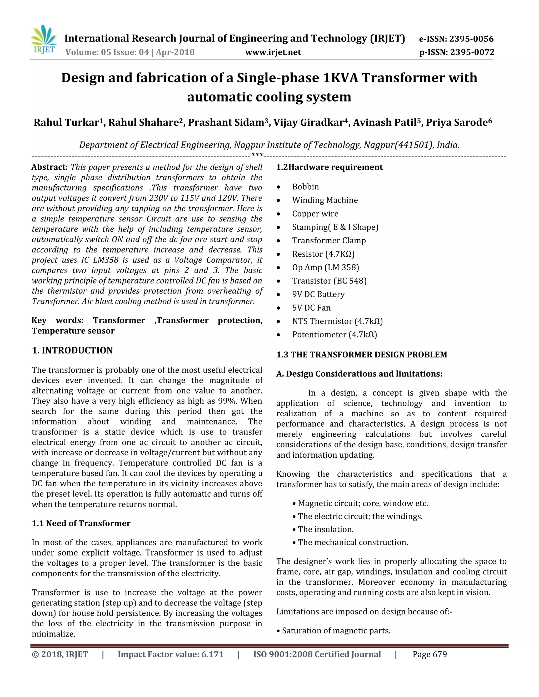 IRJET- Design and Fabrication of a Single-Phase 1KVA Transformer with ...
