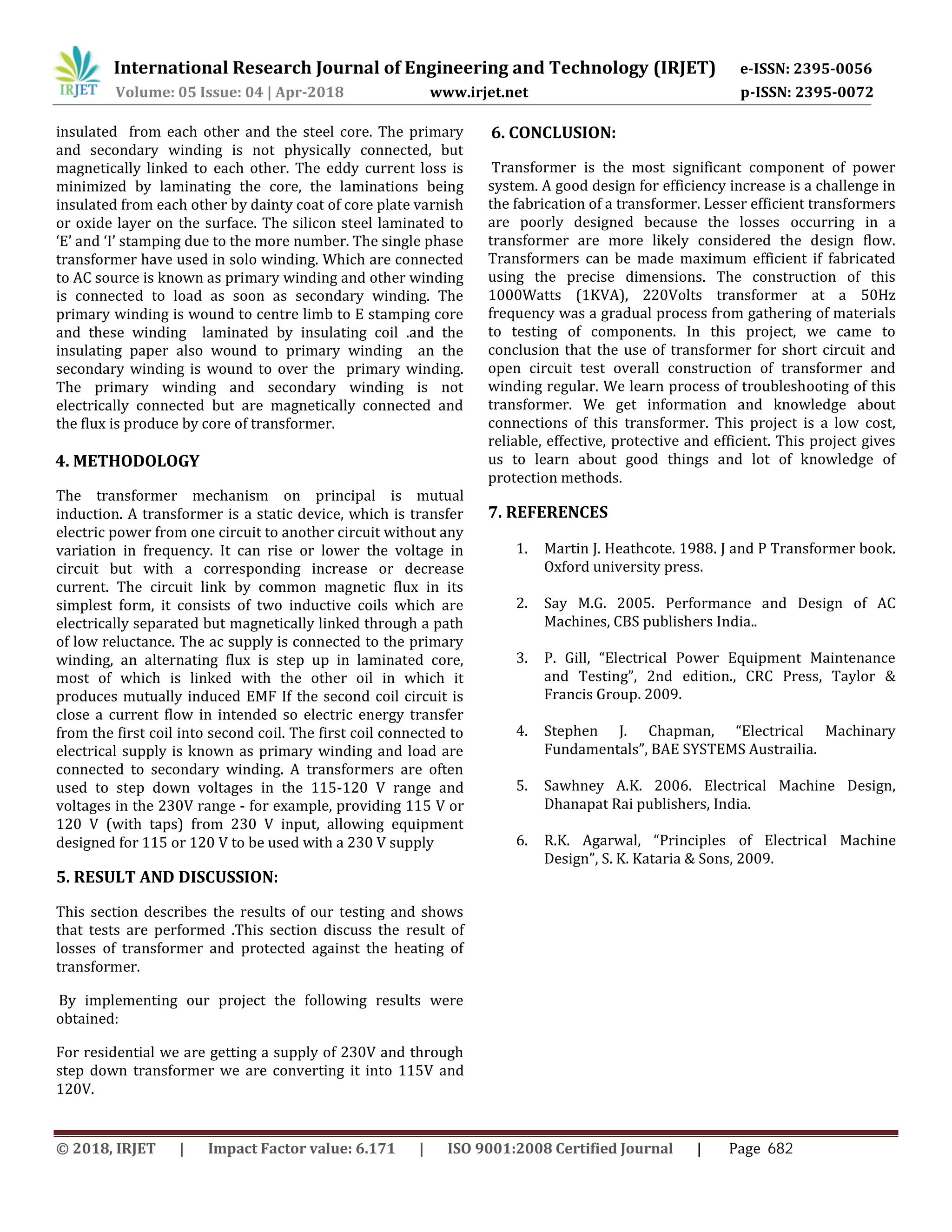 IRJET- Design and Fabrication of a Single-Phase 1KVA Transformer with ...