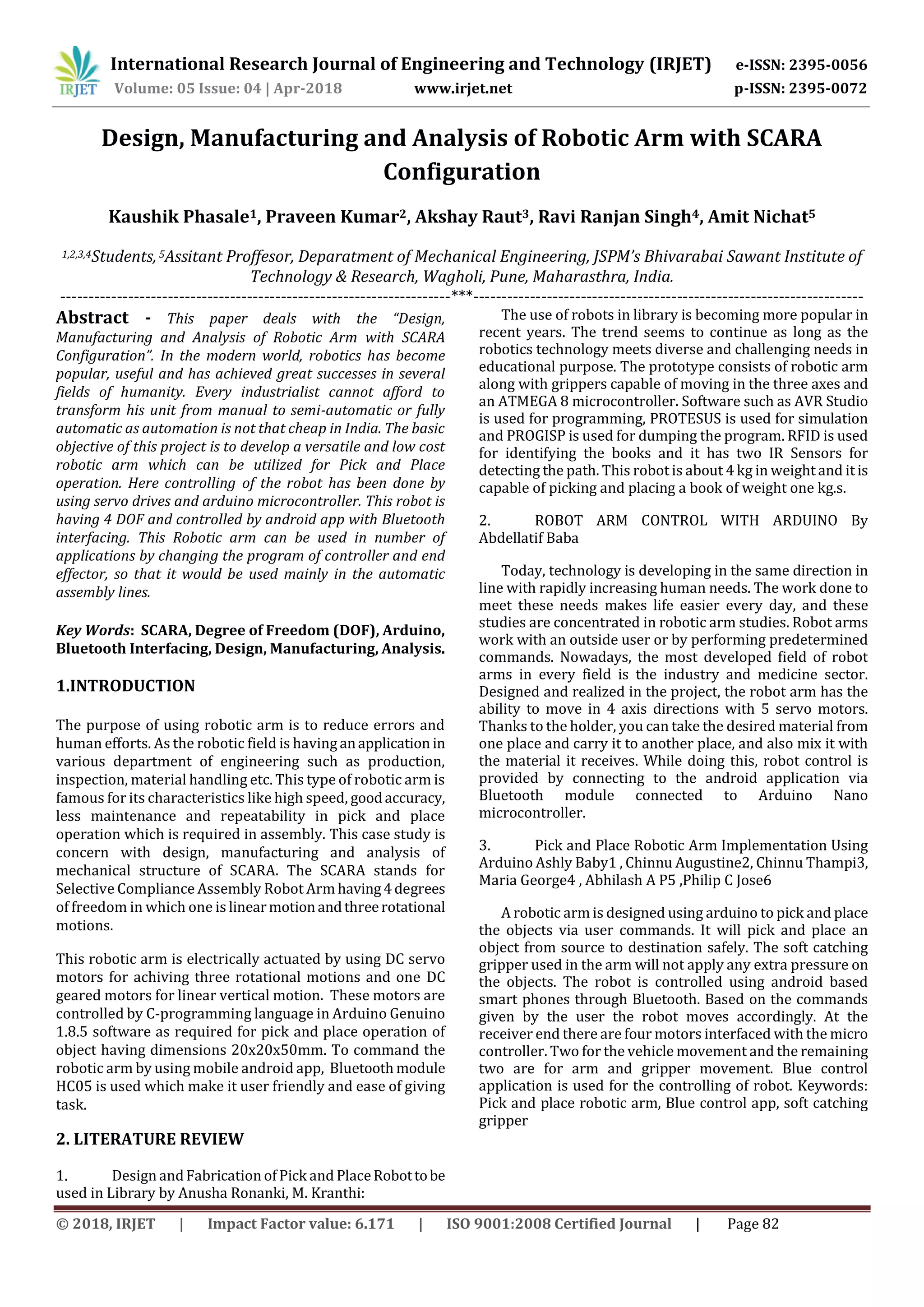 IRJET- Design, Manufacturing and Analysis of Robotic Arm with SCARA ...