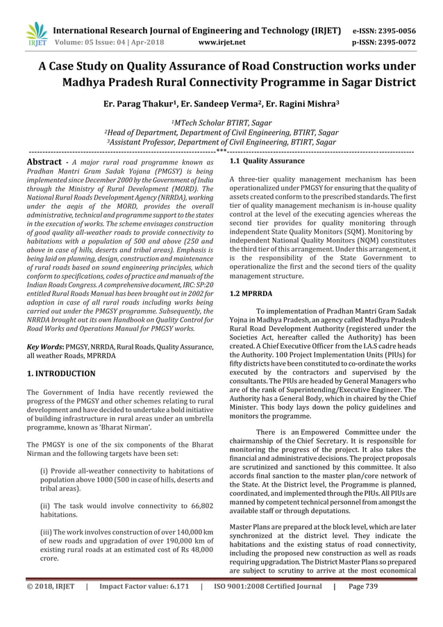 IRJET- A Case Study on Quality Assurance of Road Construction Works Under Madhya Pradesh Rural ...