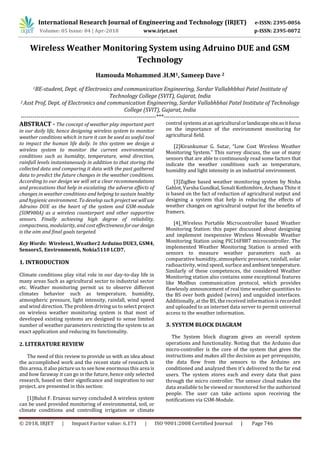 IRJET- Wireless Weather Monitoring System using Adruino DUE and GSM Technology | PDF